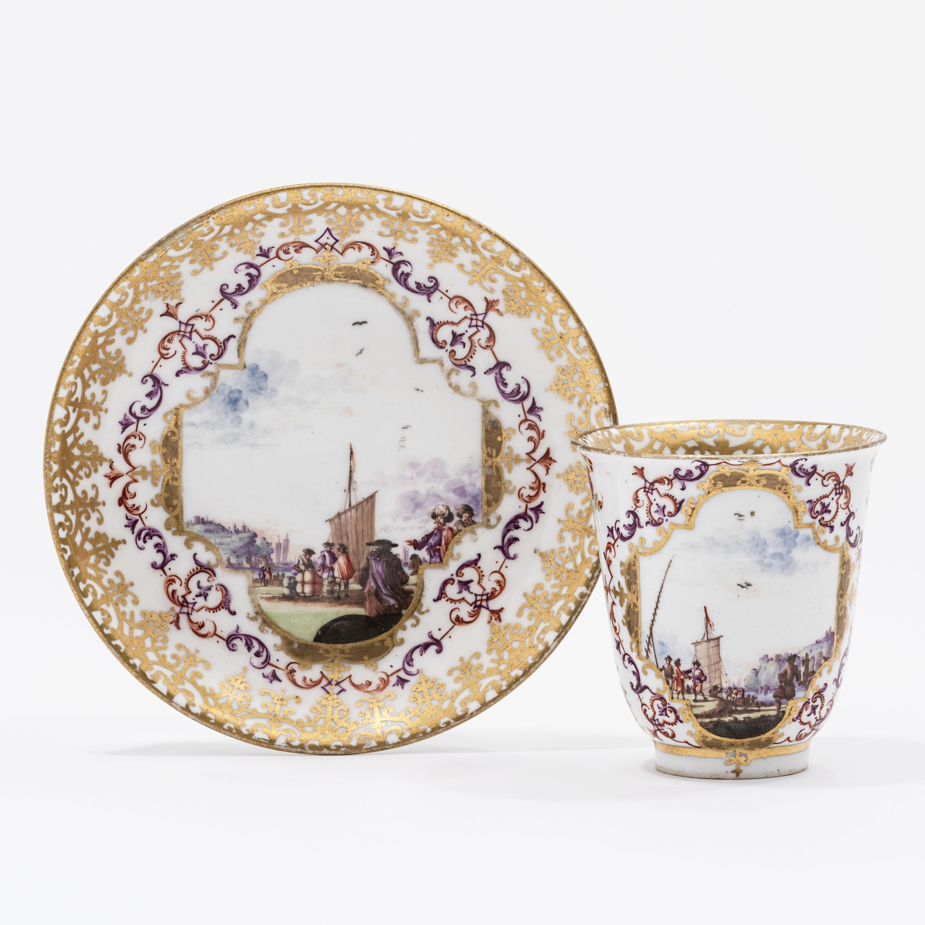 A MEISSEN PORCELAIN BEAKER AND SAUCER, CIRCA 1728, BLUE CROSSED SWORDS ...
