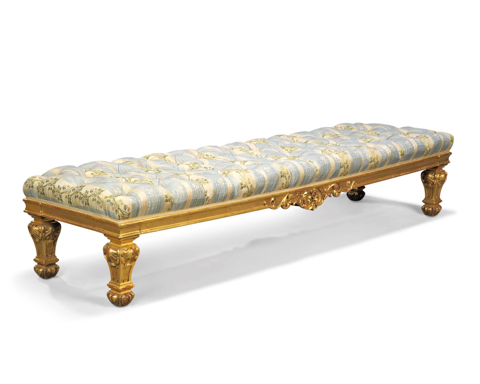 A ROYAL EARLY- VICTORIAN GILTWOOD LONG STOOL, BY JOHNSTONE & JEANES ...