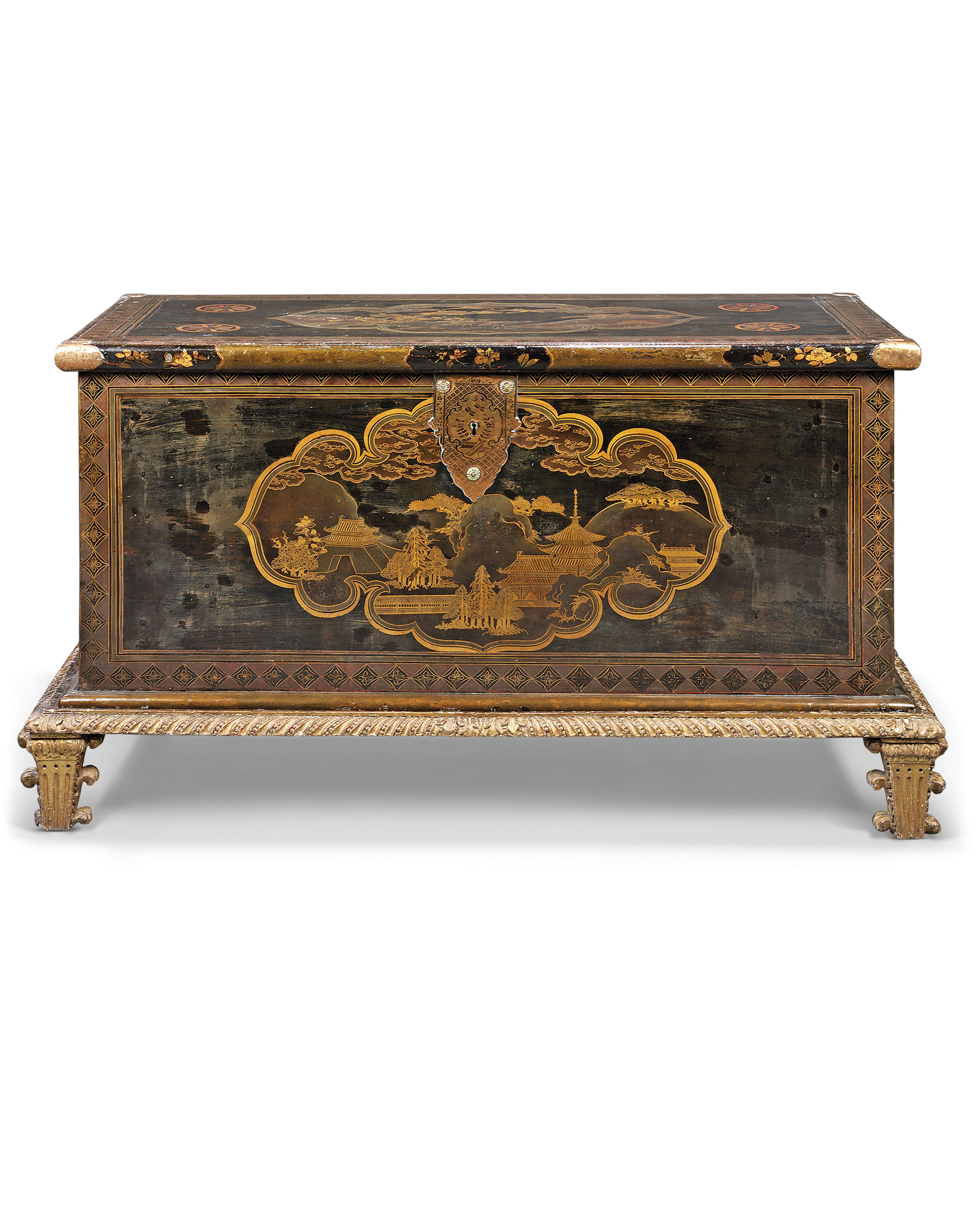A JAPANESE BLACK AND GILT LACQUER AND JAPANNED LARGE CHEST , EDO PERIOD ...