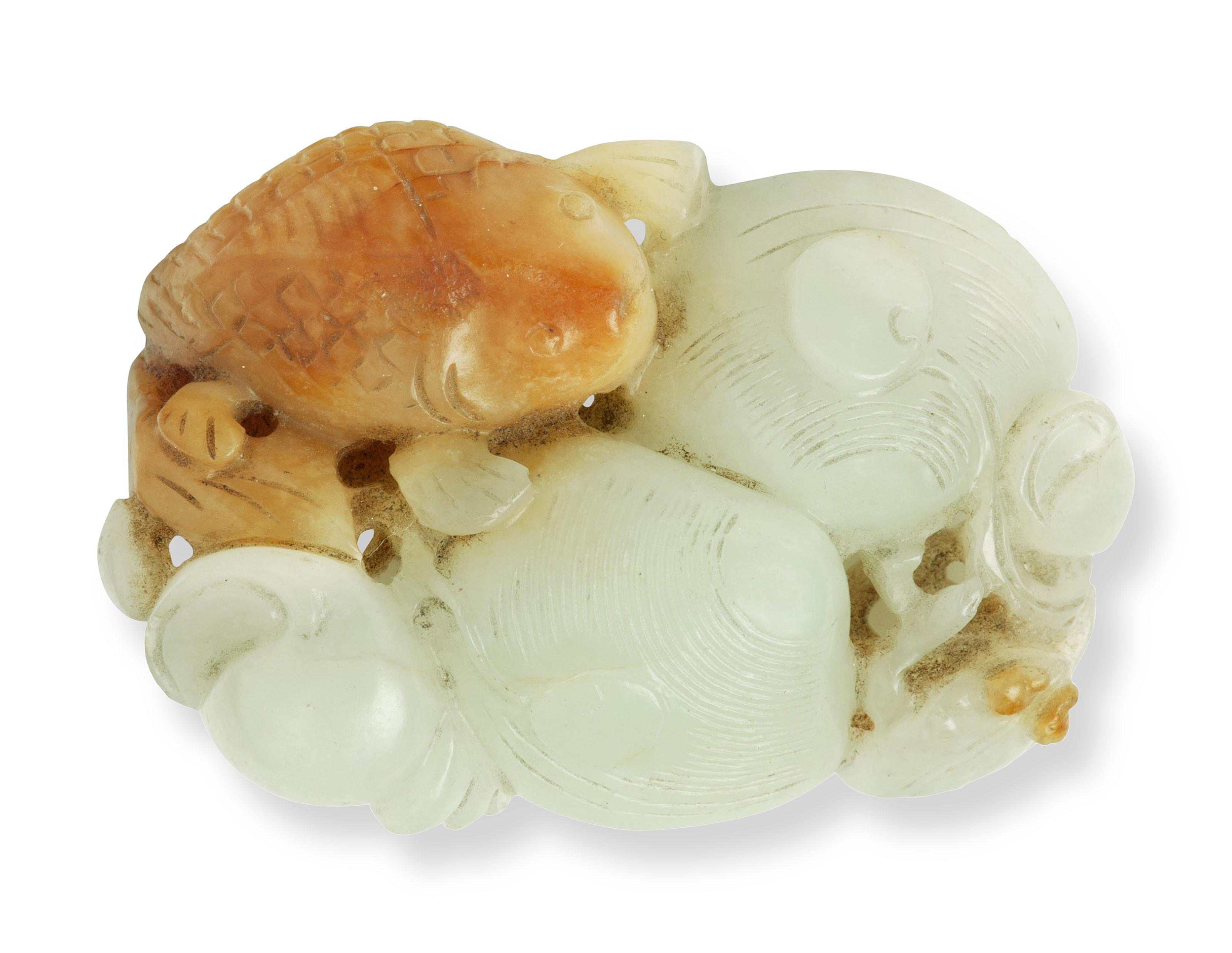 A WHITE AND RUSSET JADE 'GOLDFISH AND SEA SHELLS' GROUP, 18TH CENTURY ...