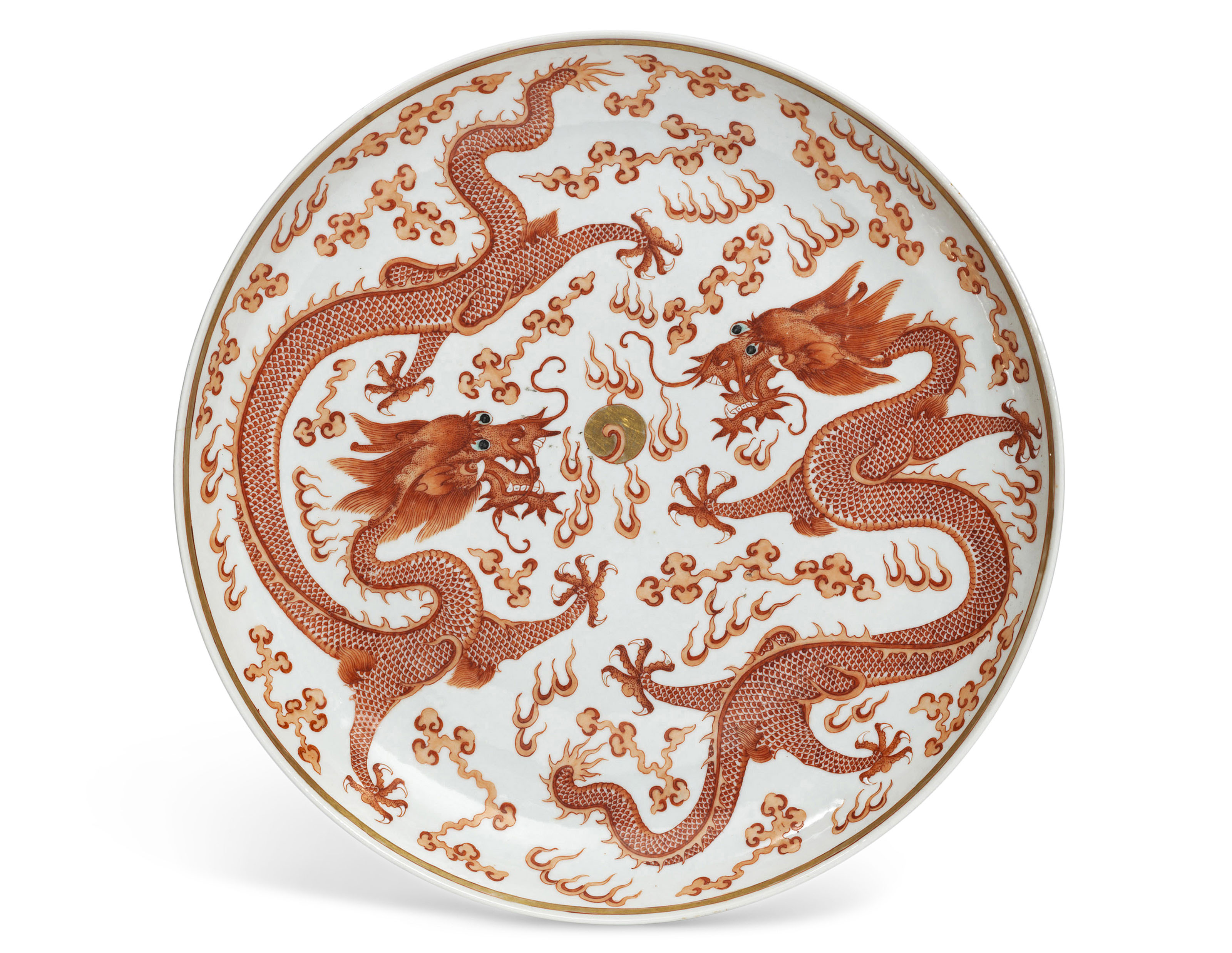 AN IRON-RED AND GILT-DECORATED 'DRAGON' DISH, GUANGXU SIX-CHARACTER ...
