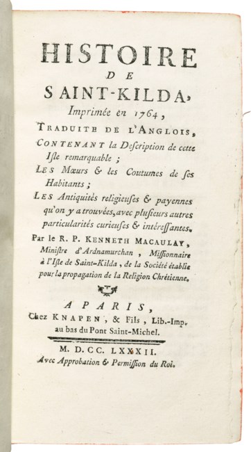 MACAULAY, Kenneth (1723-1779). Histoire de Saint-Kilda. Paris: Knapen ...