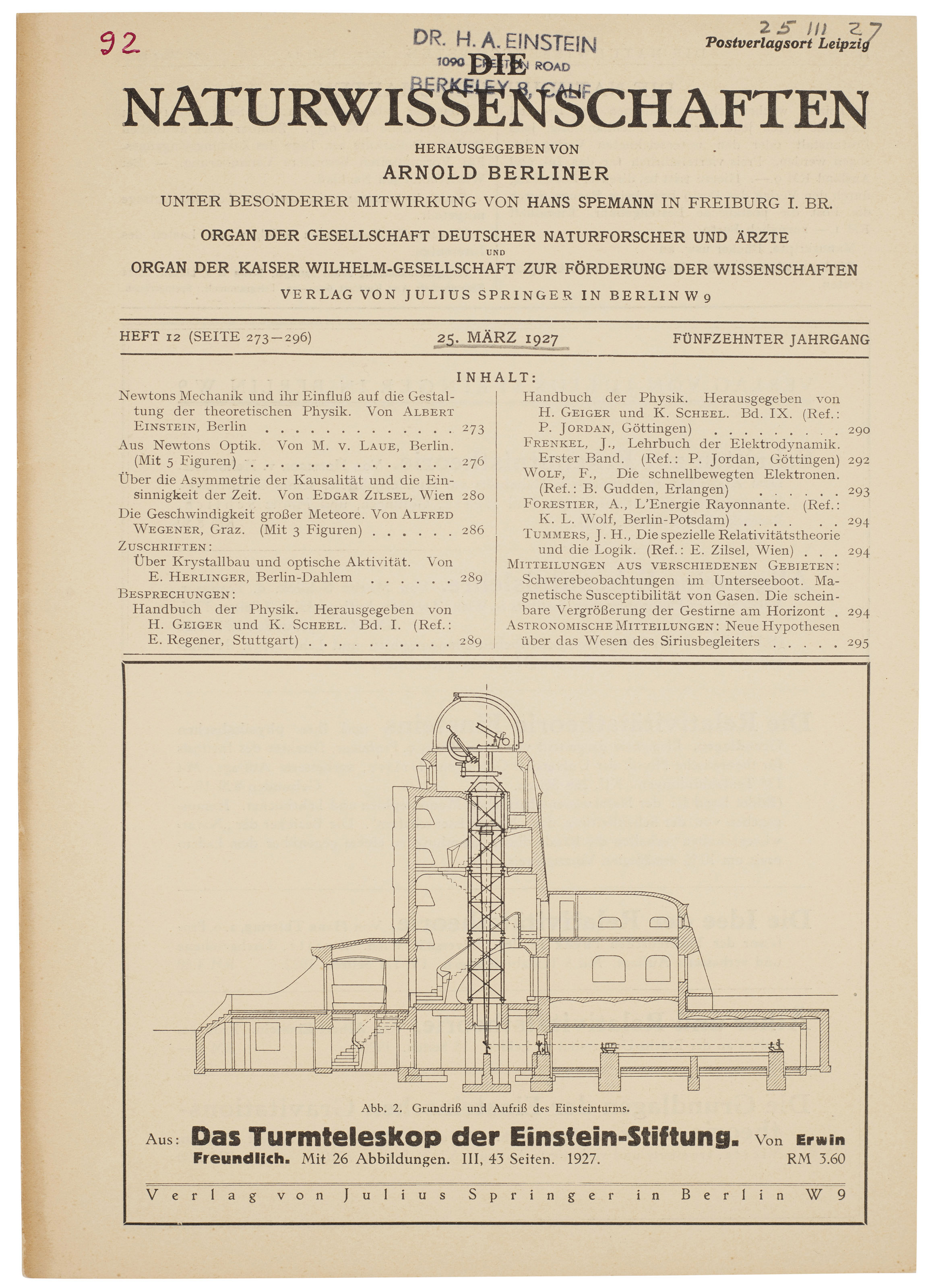 Einstein on Newton: Hans Albert Einstein's copy, Albert Einstein. 1927 ...