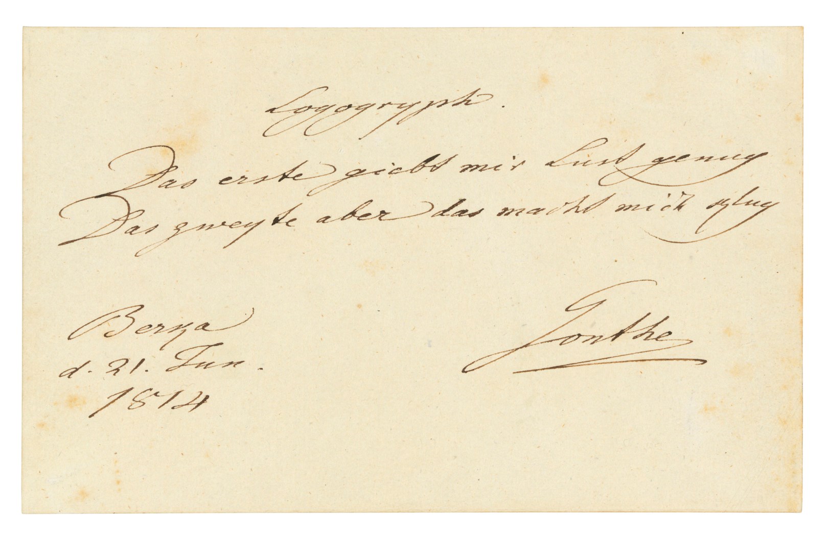 GOETHE, Johann Wolfgang von (1749-1832). Autograph manuscript signed ...