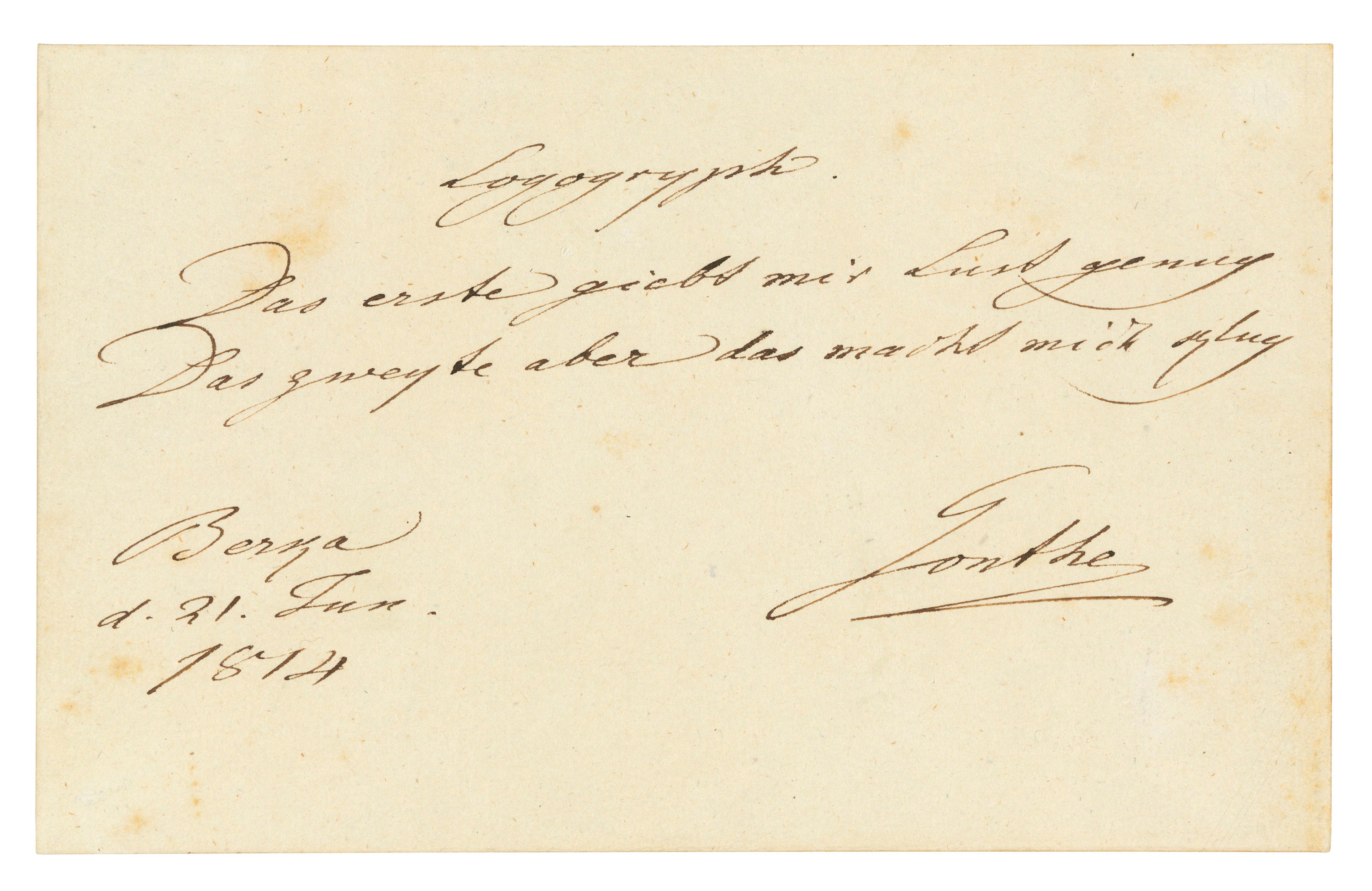 GOETHE, Johann Wolfgang von (1749-1832). Autograph manuscript signed ...
