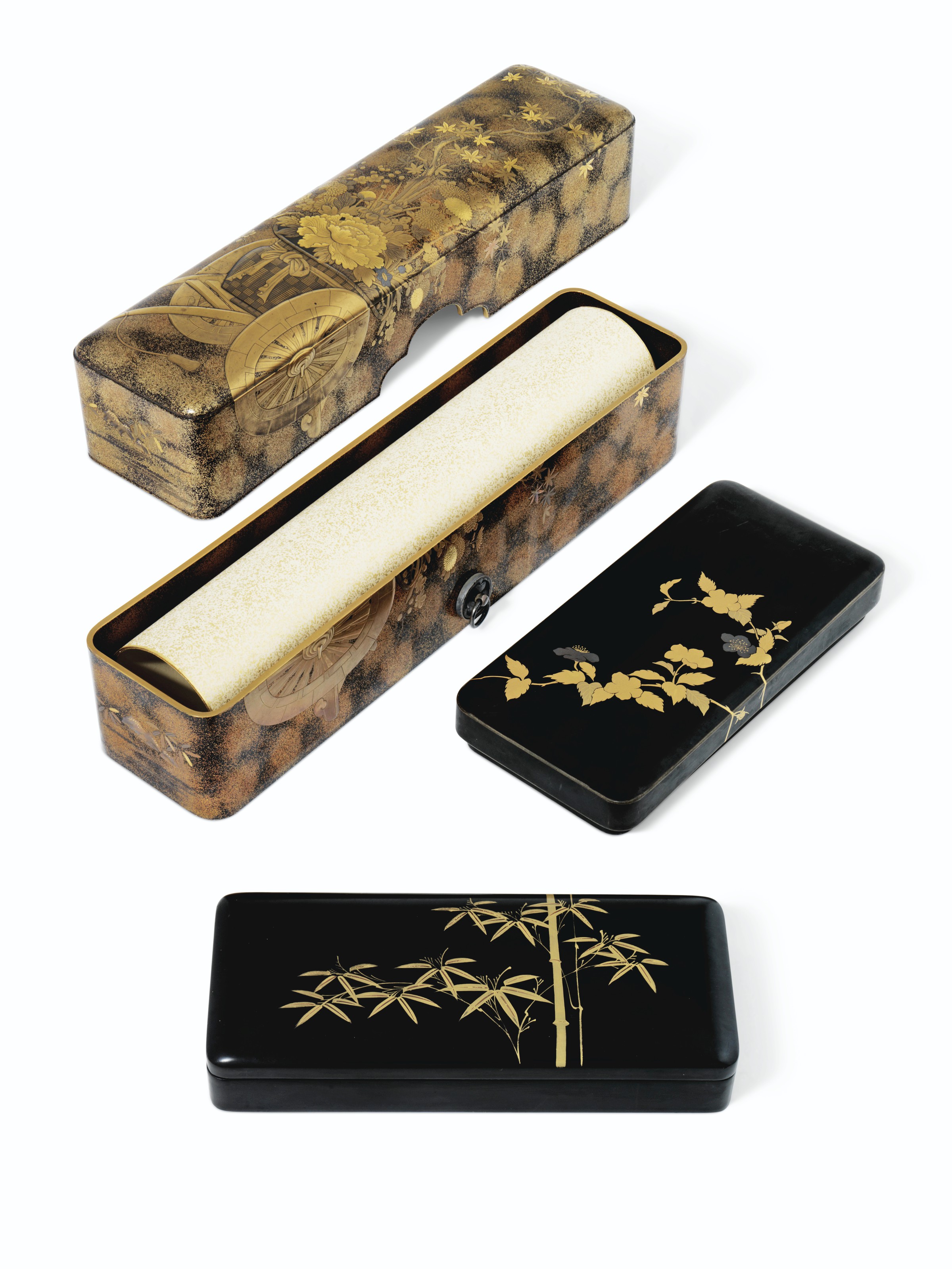 A JAPANESE LACQUER LETTER BOX (FUBAKO) AND TWO SMALLER BOXES