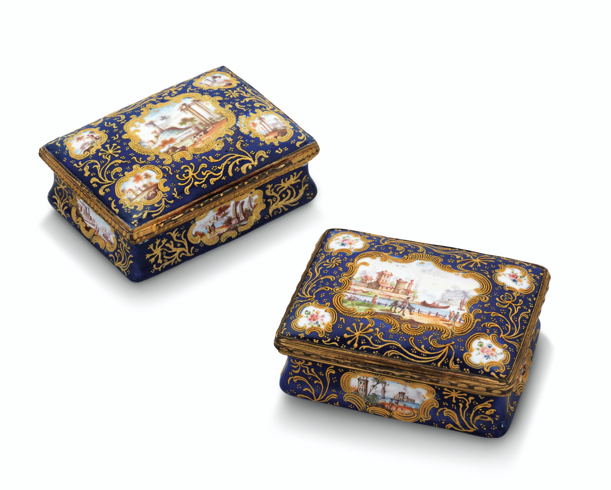 TWO GILT-METAL-MOUNTED STAFFORDSHIRE ENAMEL BOXES