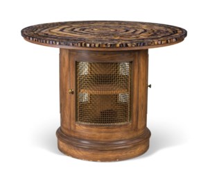 A CIRCULAR BLUE JOHN TABLE TOP, SECOND HALF 20TH CENTURY, THE BASE BY ...