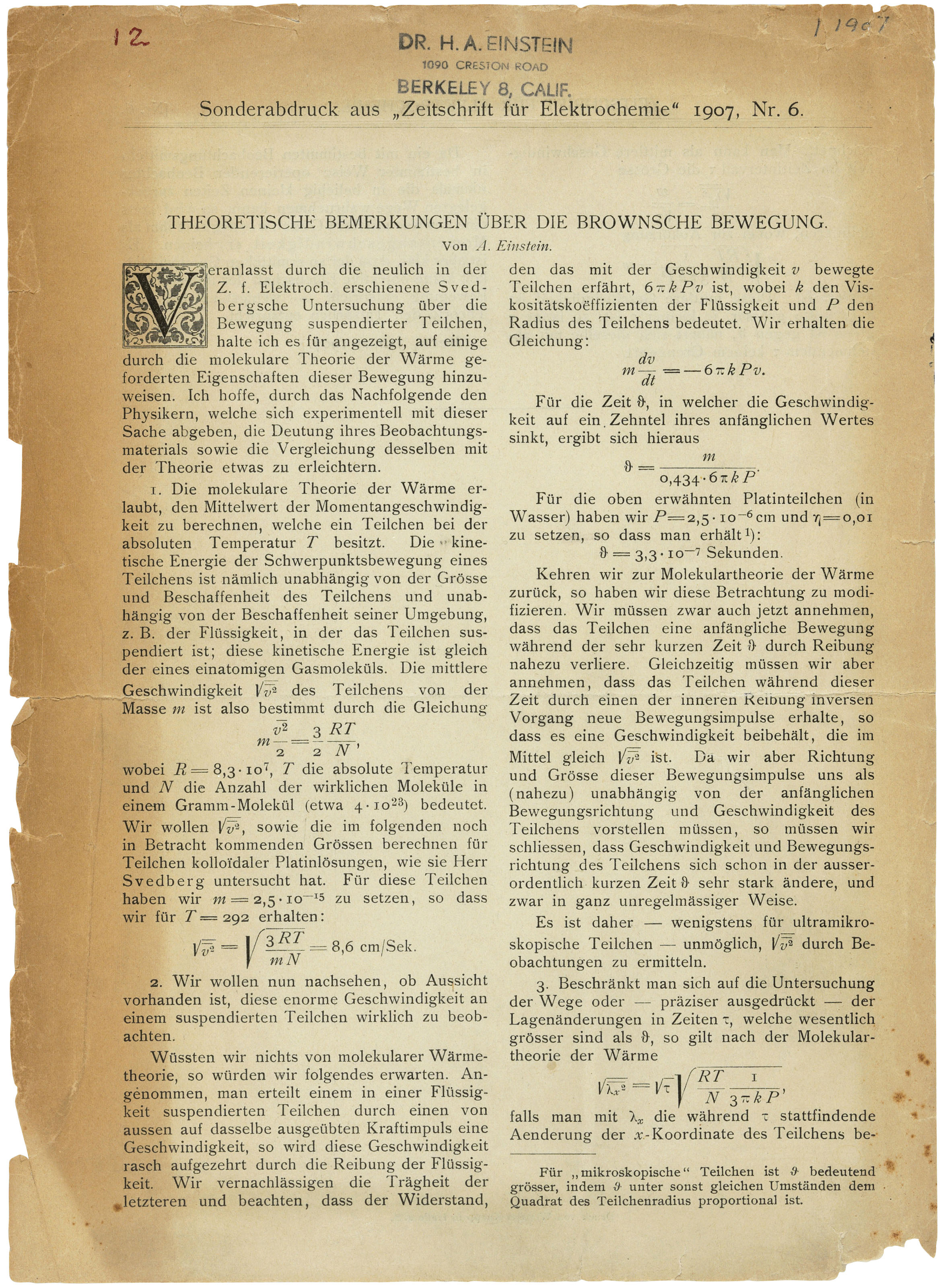 An Einstein offprint on Brownian motion: Hans Albert Einstein's copy ...