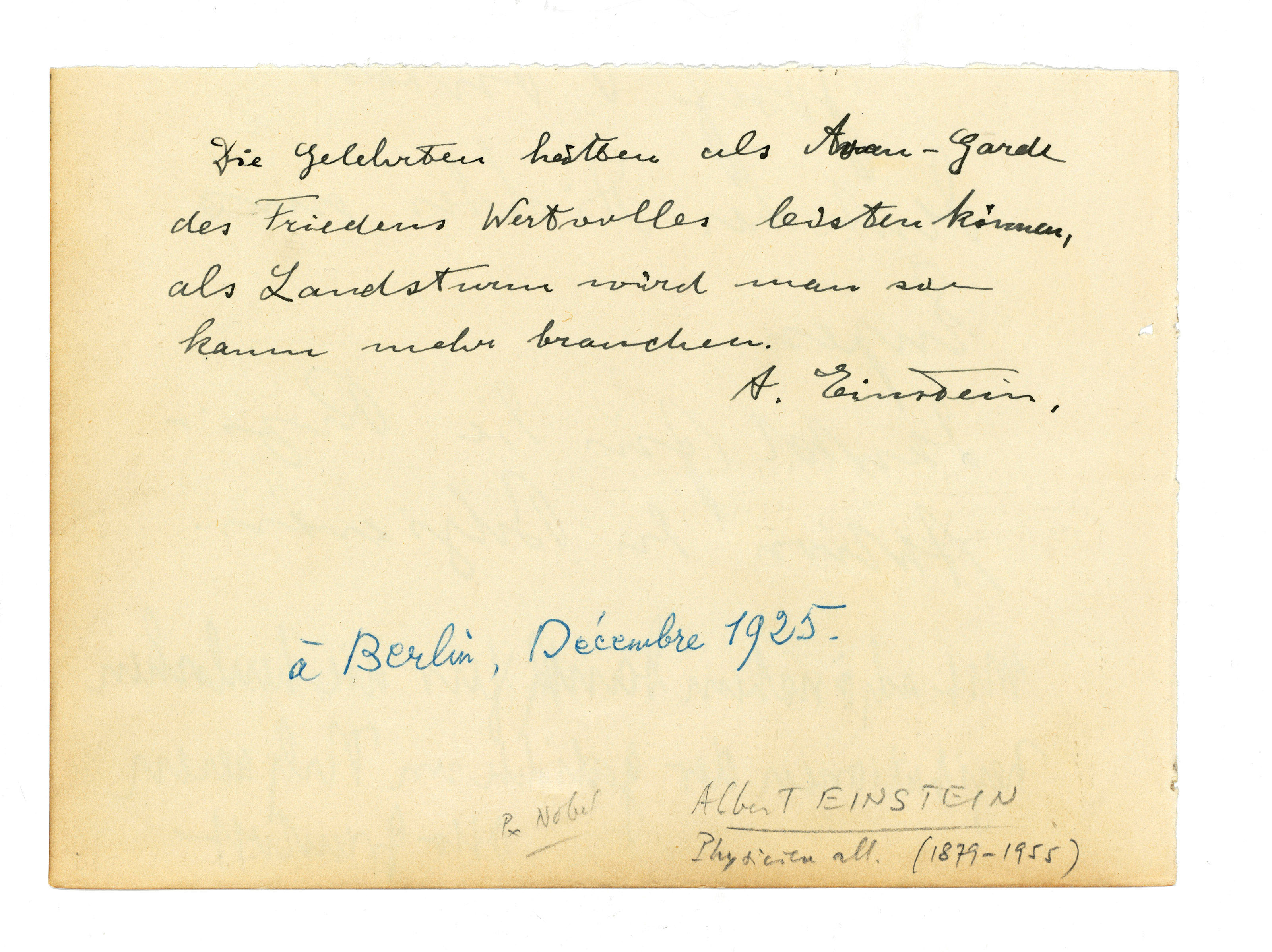 On the role of intellectuals in promoting peace, Albert Einstein ...