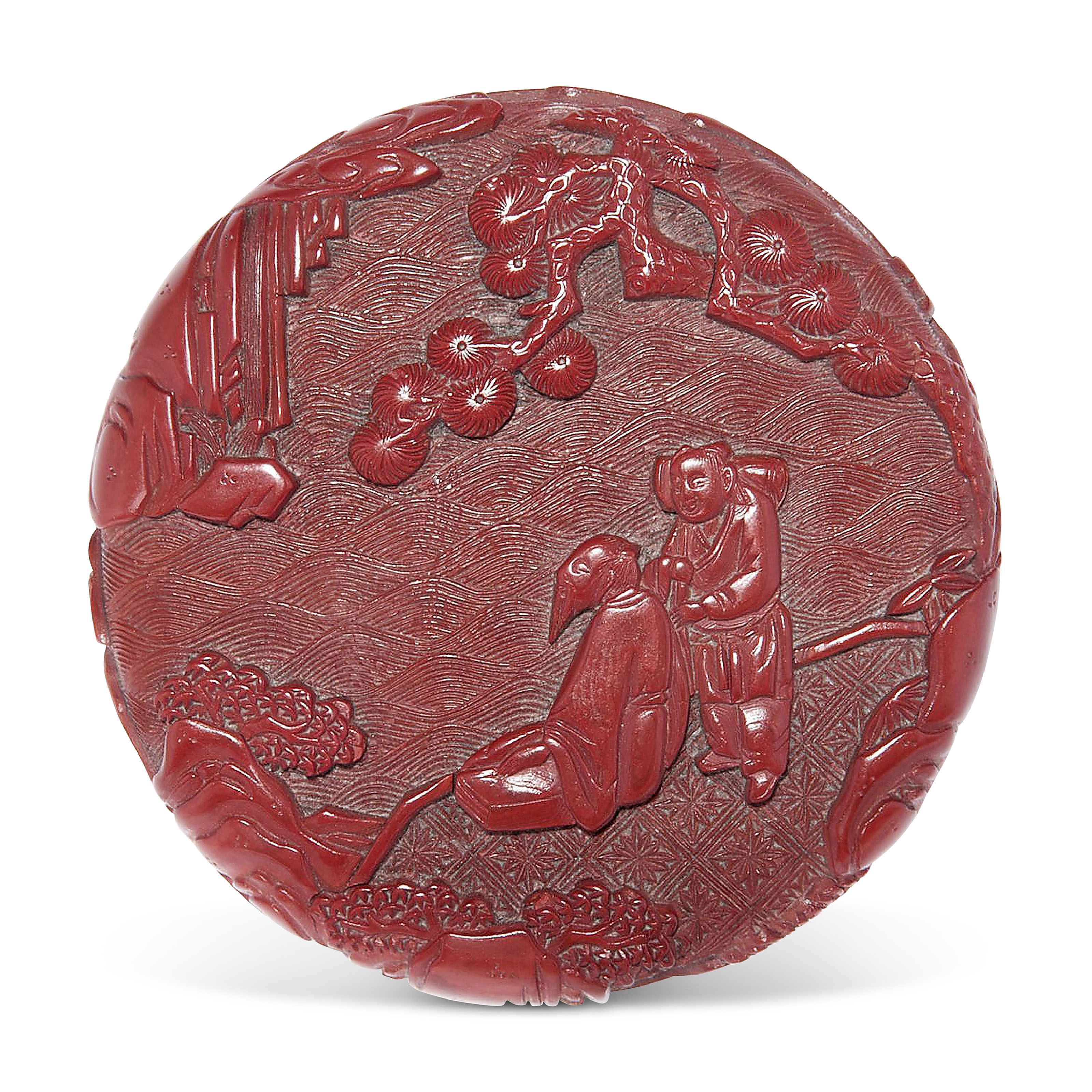 A FINELY CARVED CINNABAR LACQUER CIRCULAR BOX AND COVER, QIANLONG ...