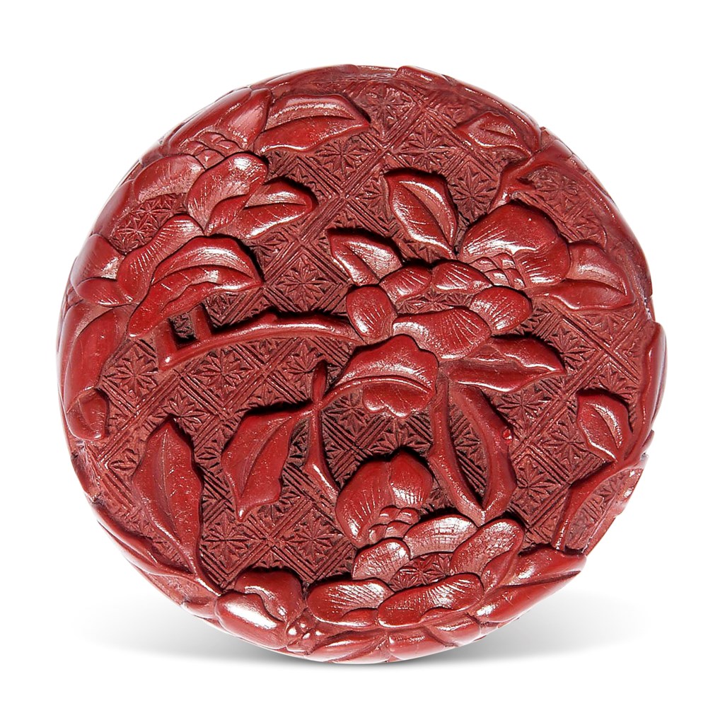 A FINELY CARVED CINNABAR LACQUER CIRCULAR BOX AND COVER, QIANLONG ...