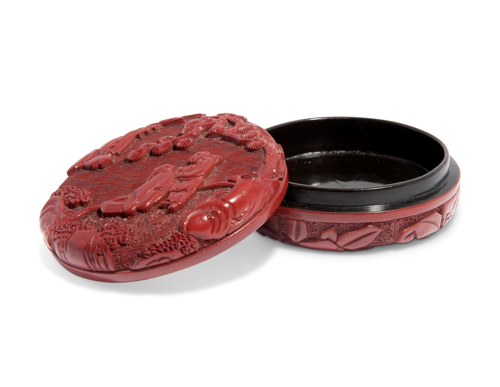 A FINELY CARVED CINNABAR LACQUER CIRCULAR BOX AND COVER, QIANLONG ...