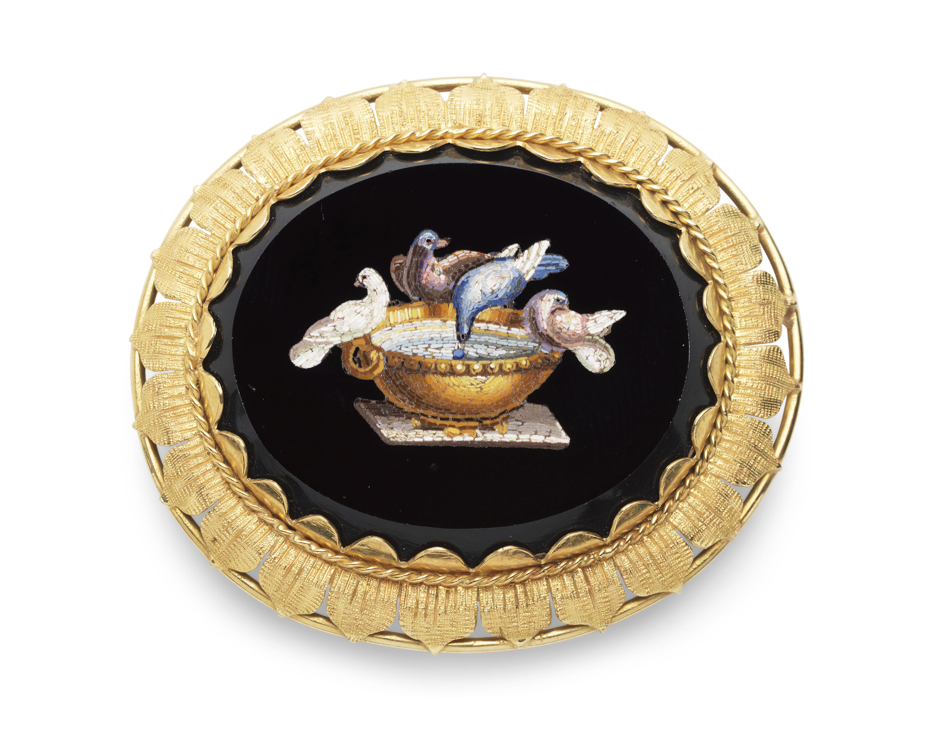 AN ITALIAN GOLD-MOUNTED BROOCH SET WITH A MICROMOSAIC PLAQUE, ROME ...