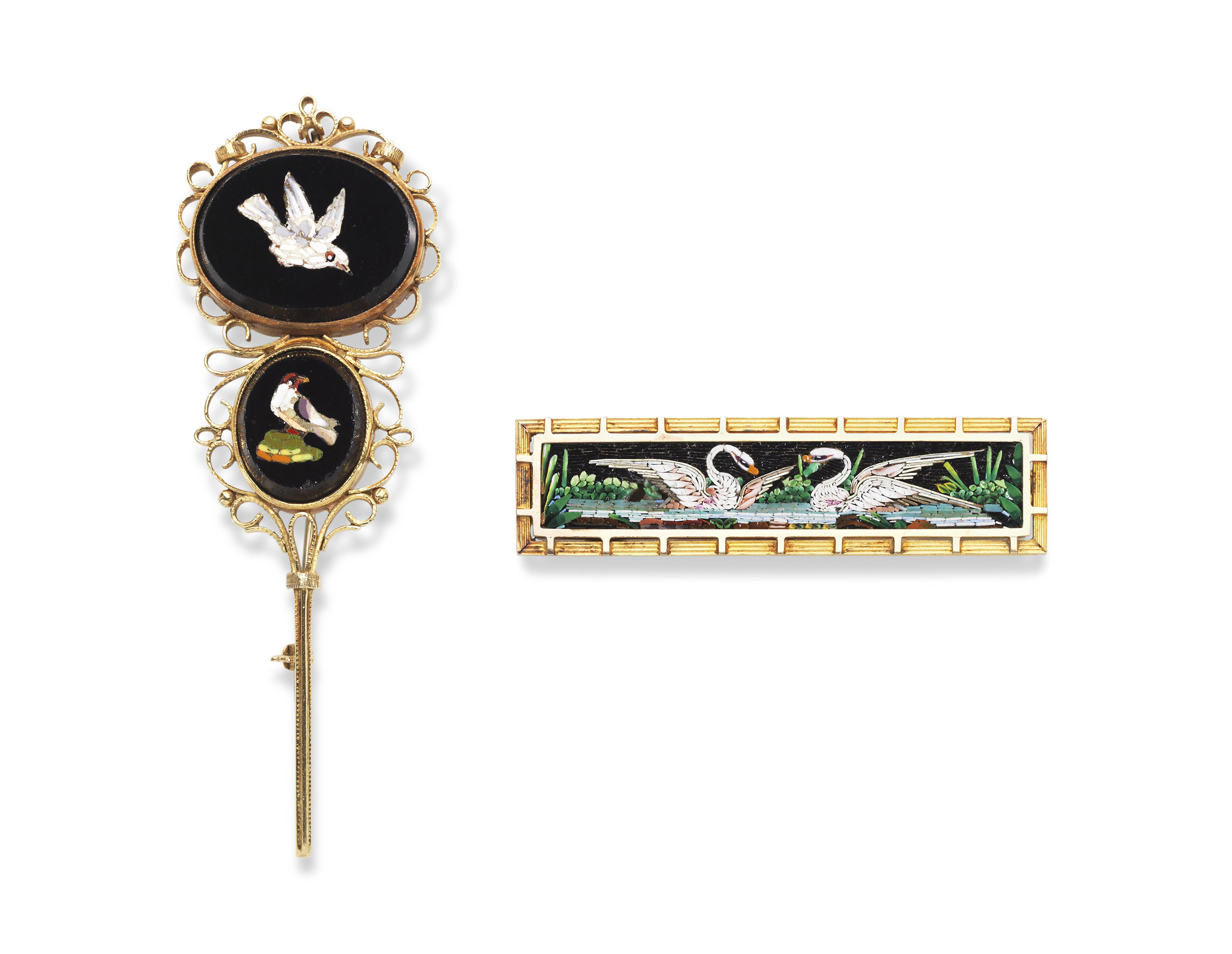 AN ITALIAN GOLD-MOUNTED HAT-PIN SET WITH TWO MICROMOSAIC PLAQUES, ROME ...