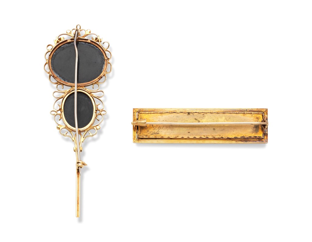 AN ITALIAN GOLD-MOUNTED HAT-PIN SET WITH TWO MICROMOSAIC PLAQUES, ROME ...