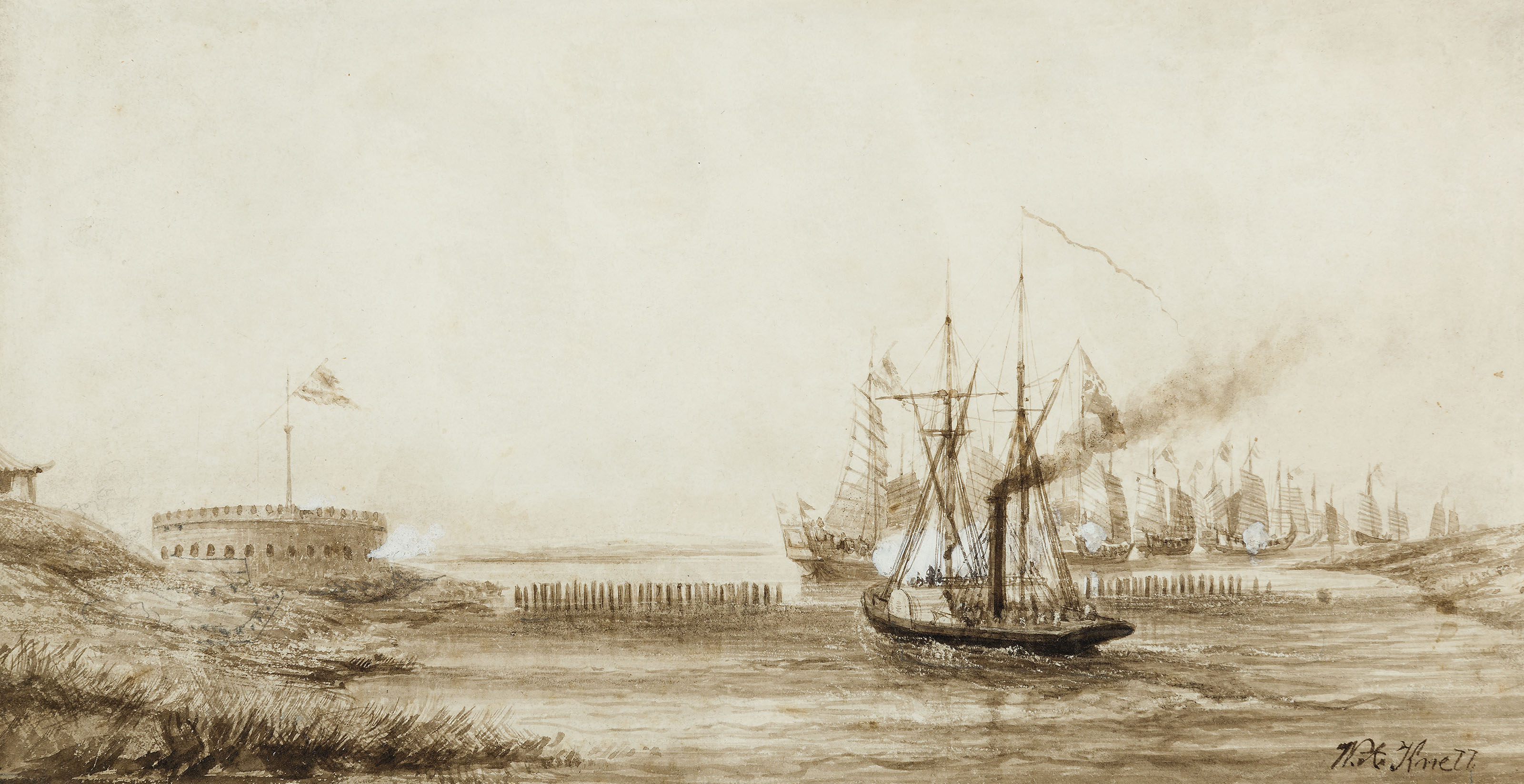 William Adolphus Knell (c.1808-1874) , HMS ‘Nemesis’ attacking Houchung ...