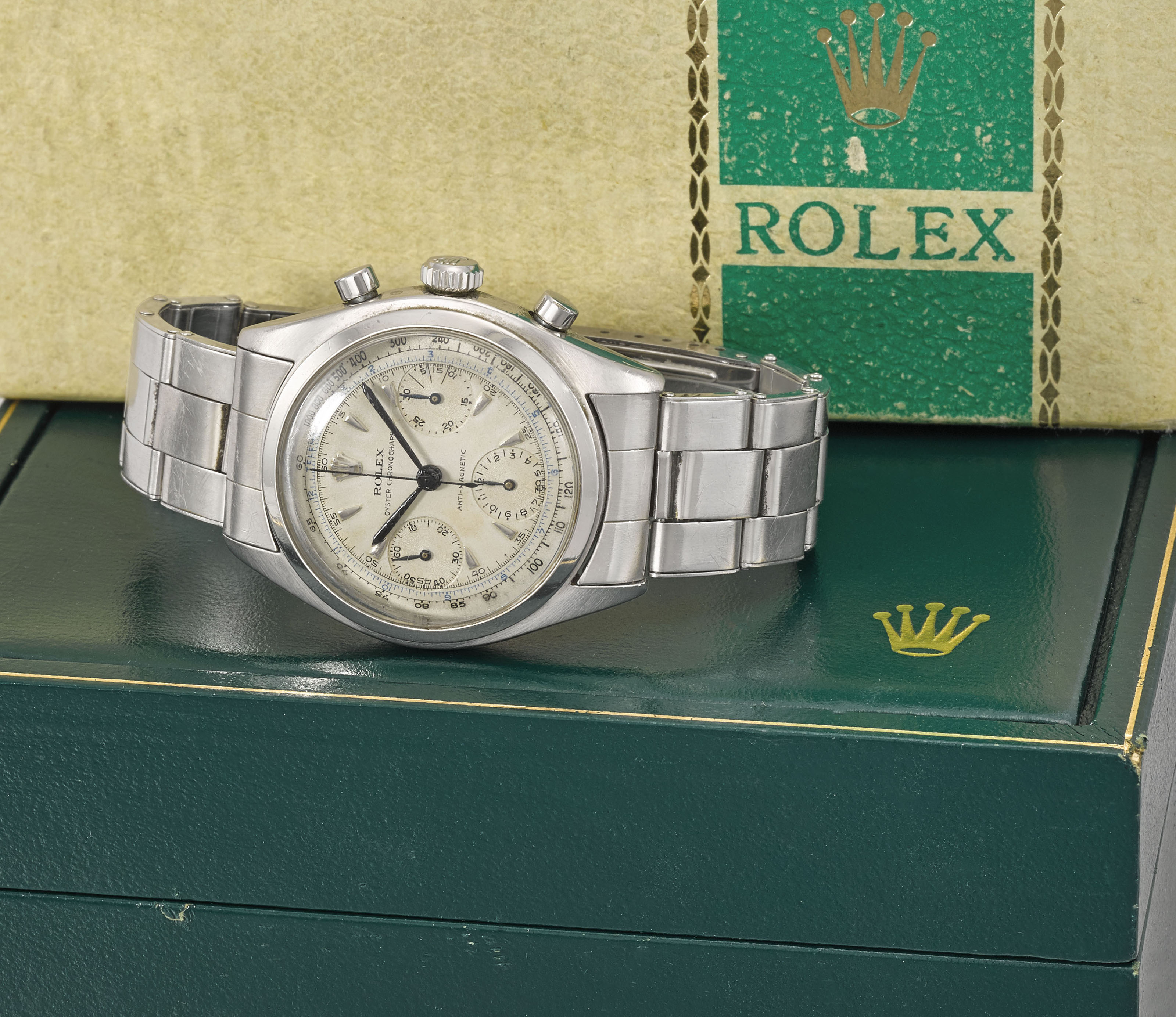ROLEX. A FINE AND RARE STAINLESS STEEL CHRONOGRAPH WRISTWATCH WITH BOX ...