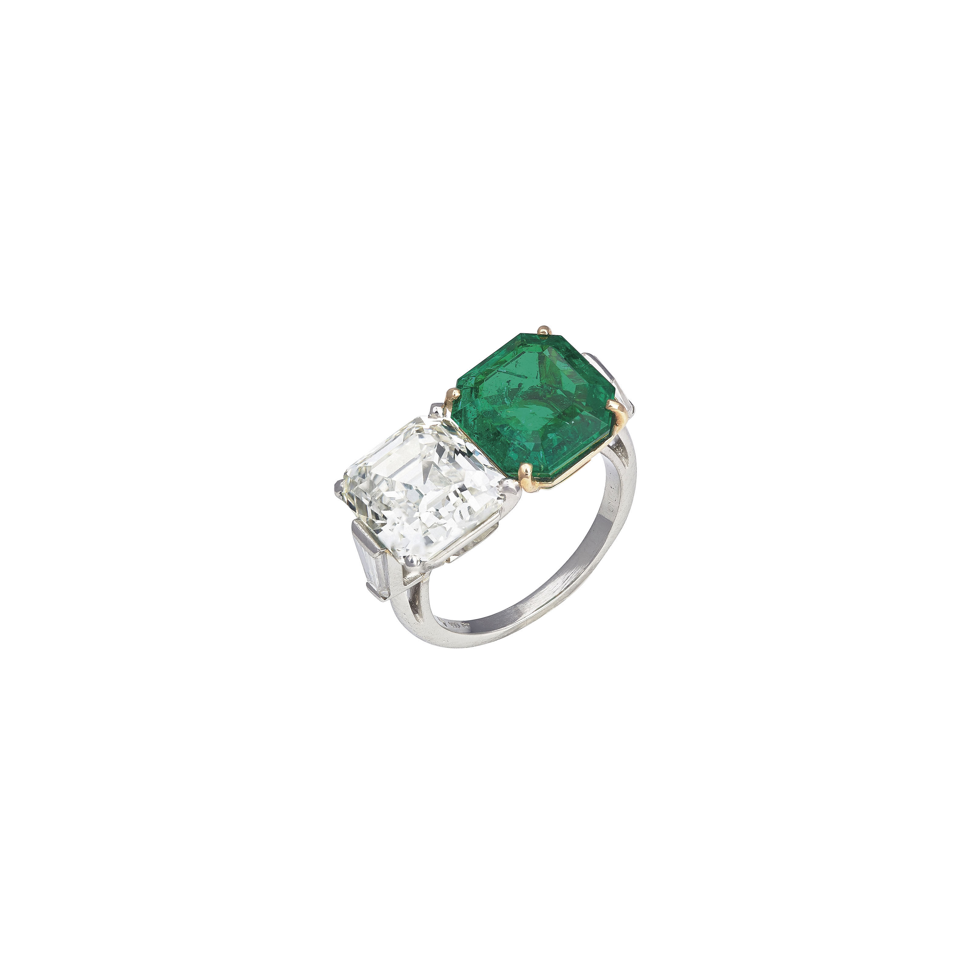 EMERALD AND DIAMOND TWO-STONE RING