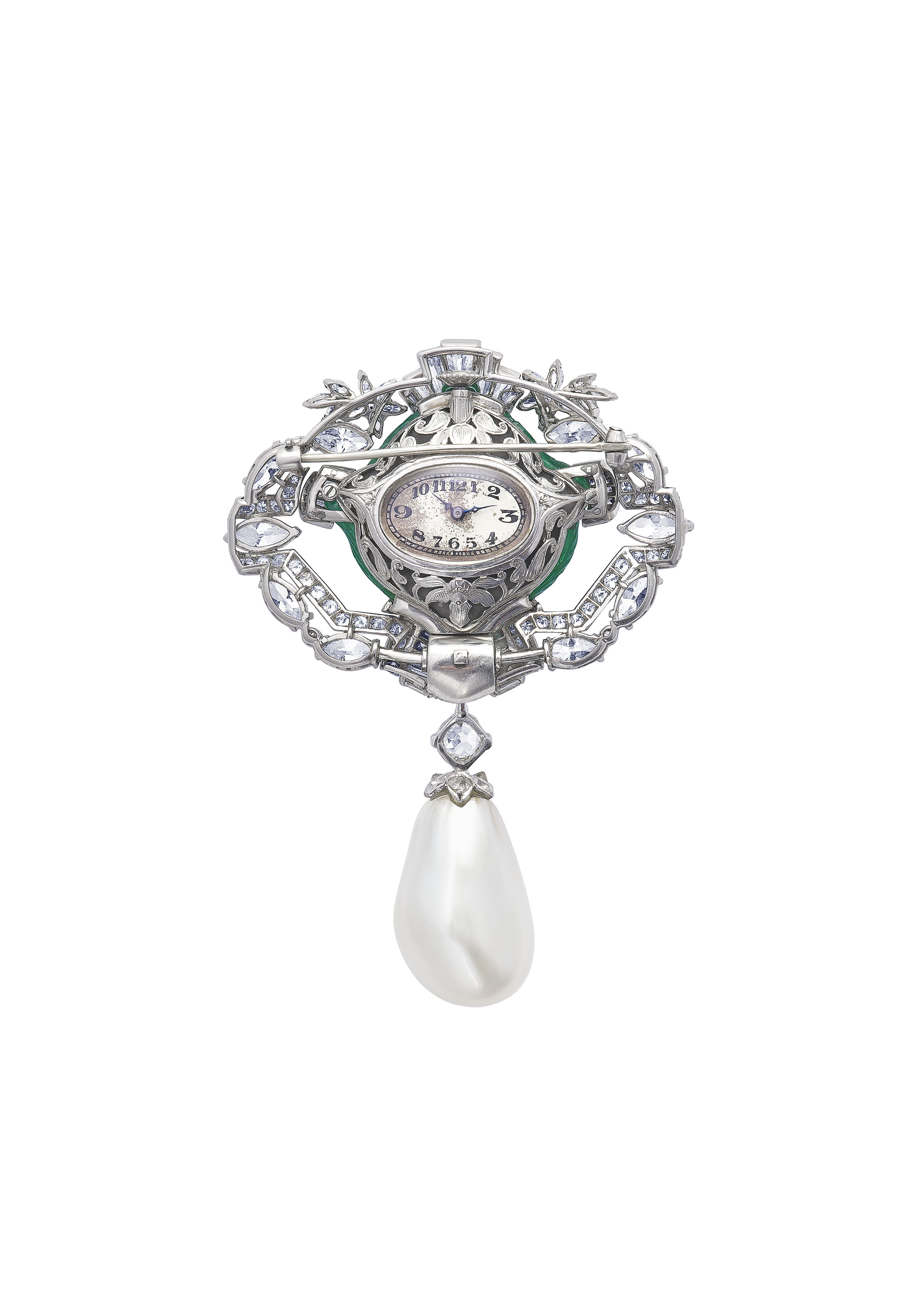 THE ANA MARÍA PEARL NATURAL PEARL, EMERALD AND DIAMOND BROOCH-WATCH