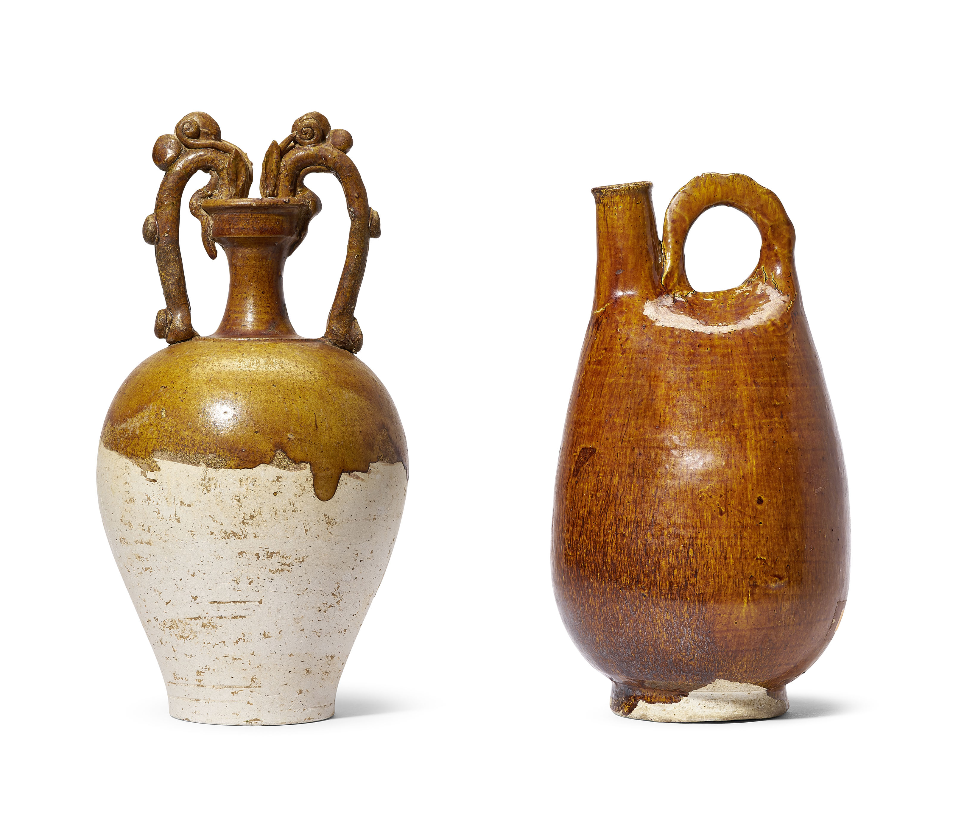 AN AMBER-GLAZED AMPHORA AND A BROWN-GLAZED JUG, AMPHORA: TANG DYNASTY ...