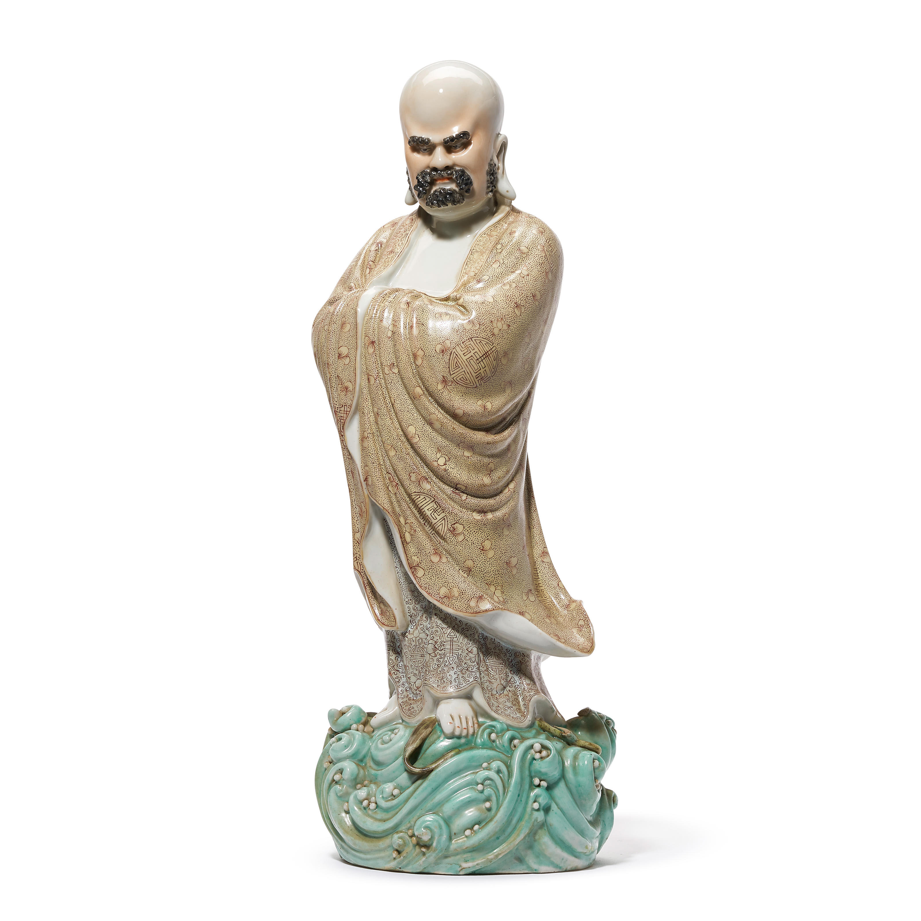 A FAMILLE ROSE FIGURE OF DAMO STANDING ON WAVES, REPUBLIC PERIOD (1912 ...