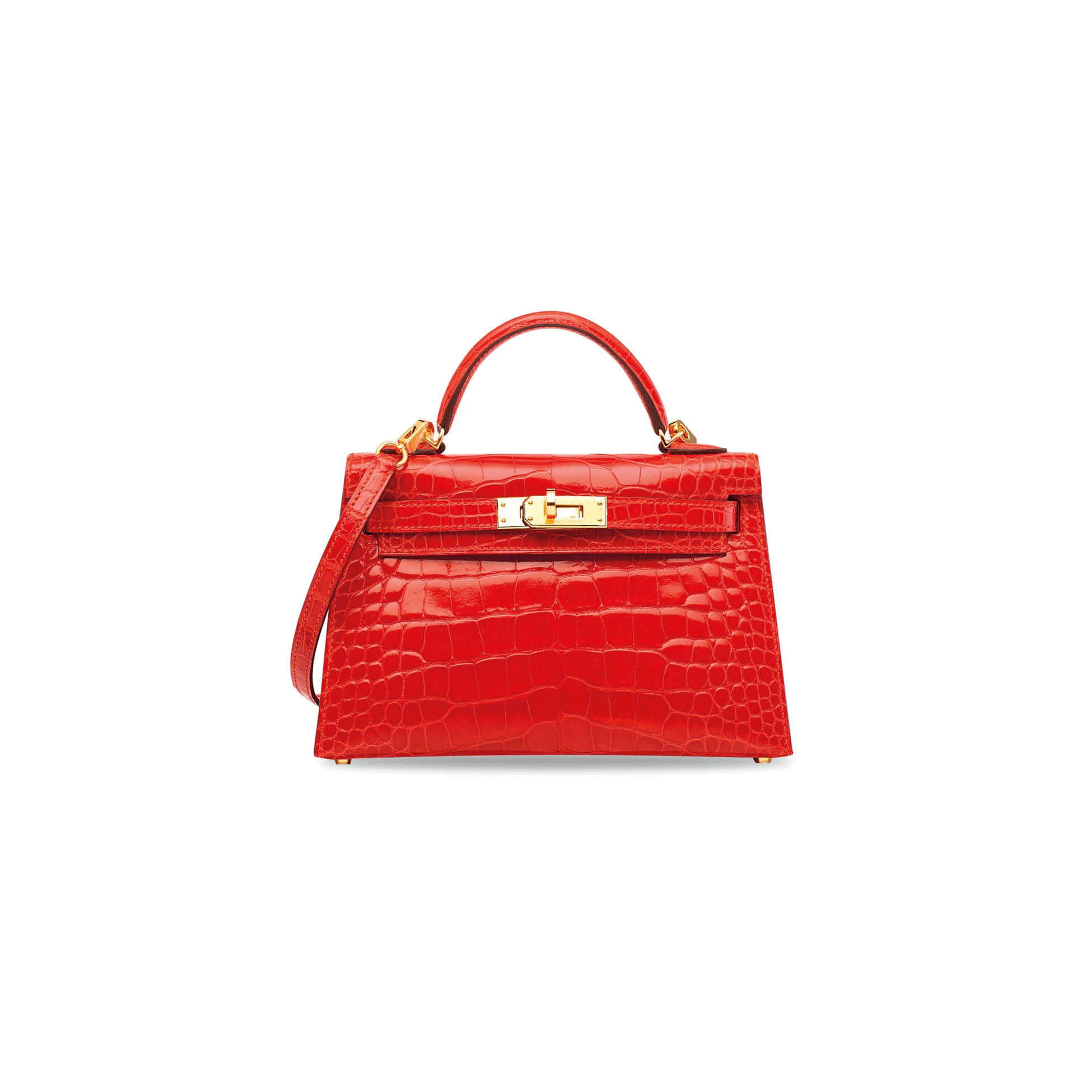 A SHINY GÉRANIUM ALLIGATOR MINI KELLY 20 II WITH GOLD HARDWARE, HERMÈS ...