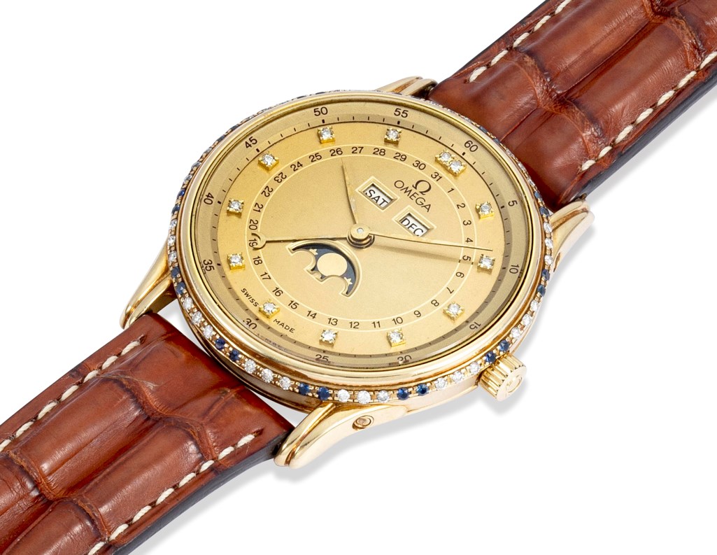 OMEGA, GOLD TRIPLE CALENDAR AND MOON PHASES WITH DIAMONDS AND SAPPHIRES ...