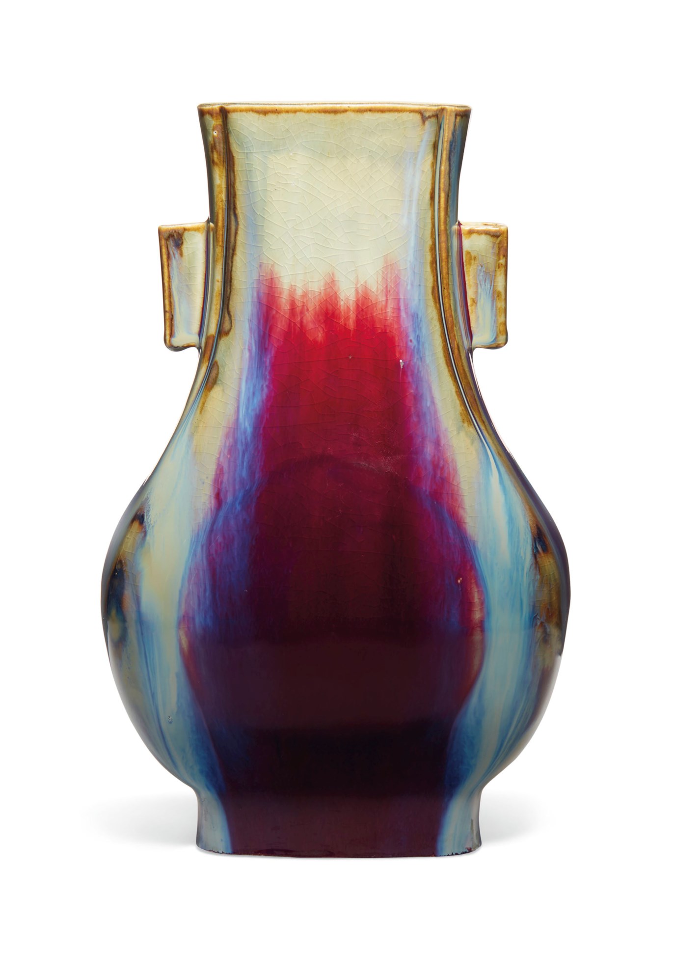 A FLAMBÉ-GLAZED FACETED HU-FORM VASE, FANGHU, QIANLONG INCISED SIX ...