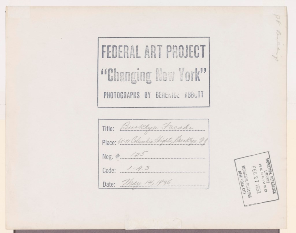 BERENICE ABBOTT (1898–1991), Brooklyn Façade: 65-71 Columbia Heights ...