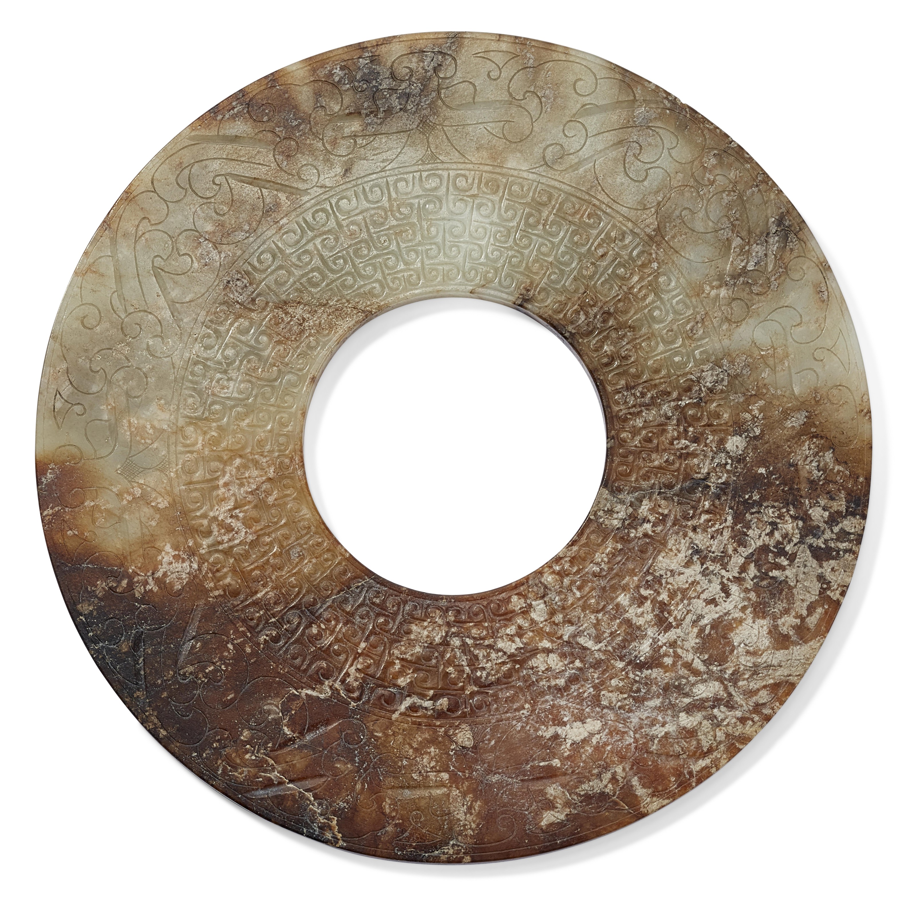 A LARGE MOTTLED BEIGE AND GREY JADE BI-DISC, MING DYNASTY (1368-1911 ...