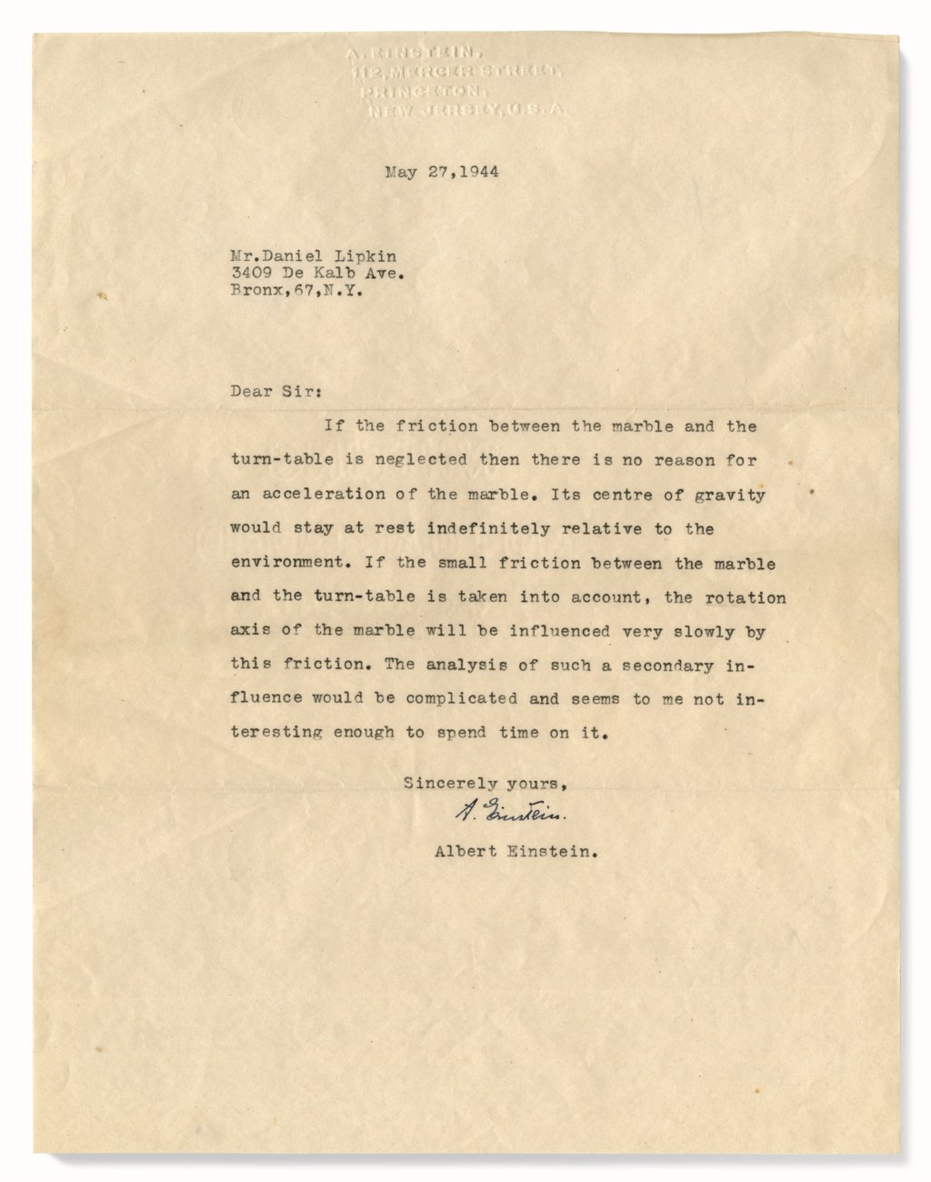 EINSTEIN, Albert (1879-1955). Typed letter signed ("A. Einstein") to ...