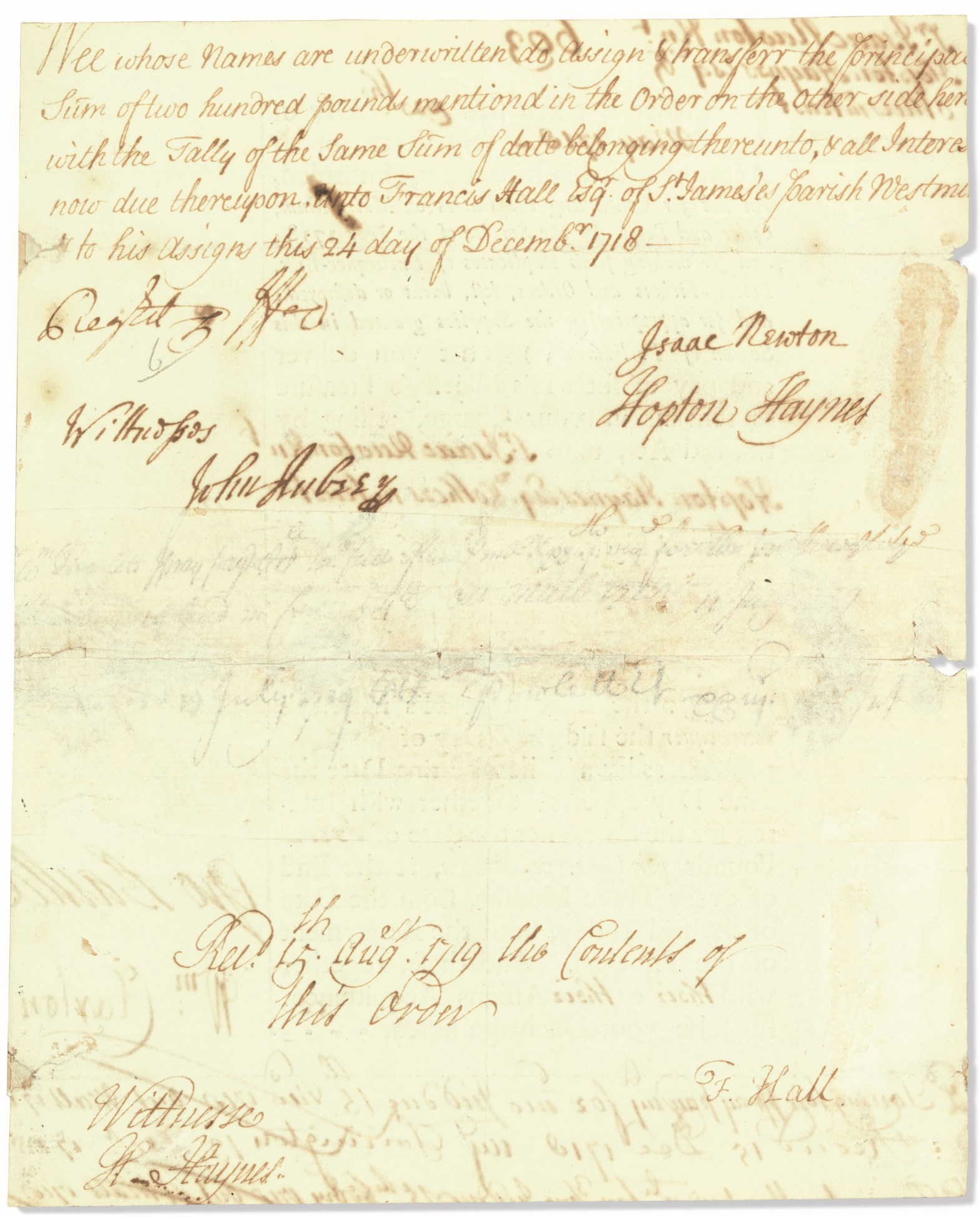 NEWTON, Sir Isaac (1642-1726). Document signed ("Isaac Newton"), n.p ...