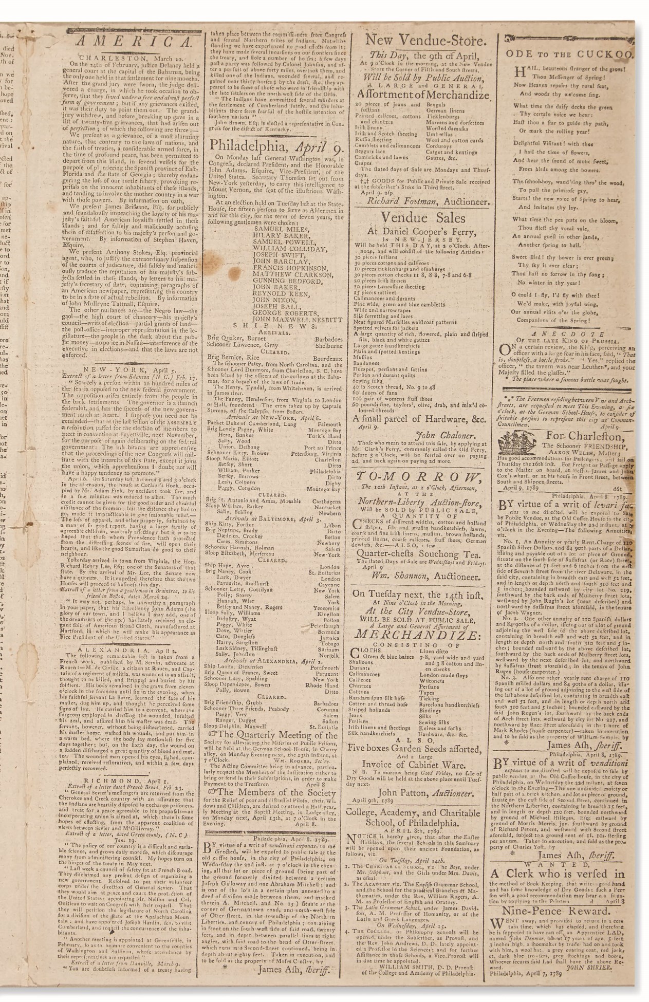 WASHINGTON, George – The Pennsylvania Packet, and Daily Advertiser ...