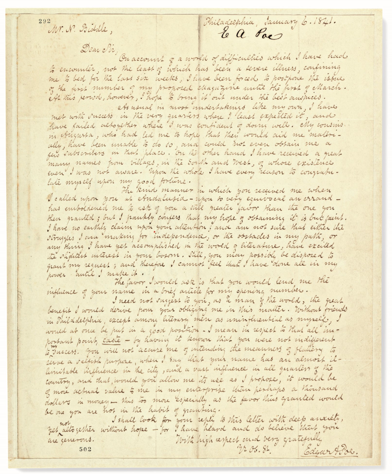 POE, Edgar Allan (1809-1849). Autograph letter signed ("Edgar A. Poe ...