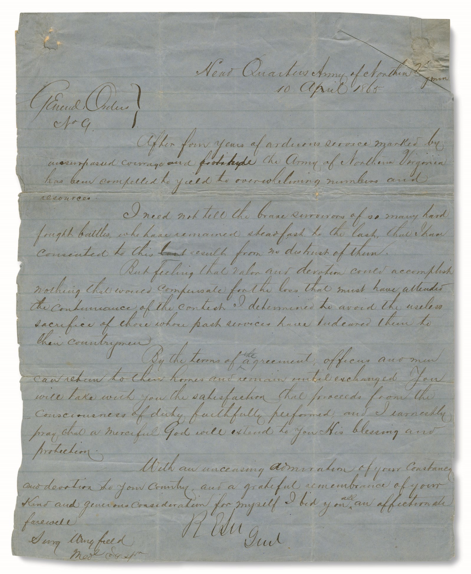 LEE, Robert E. (1807-1870). Manuscript document signed ("R E Lee, Genl ...