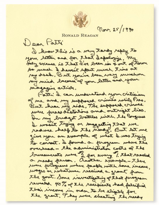 REAGAN, Ronald (1911-2004). Autograph letter signed (“Dad”) to Patricia ...