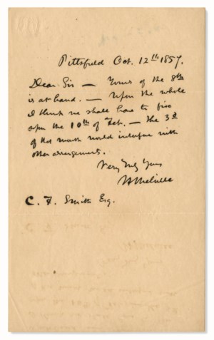 MELVILLE, Herman (1819-1891). Autograph letter signed ("H. Melville ...