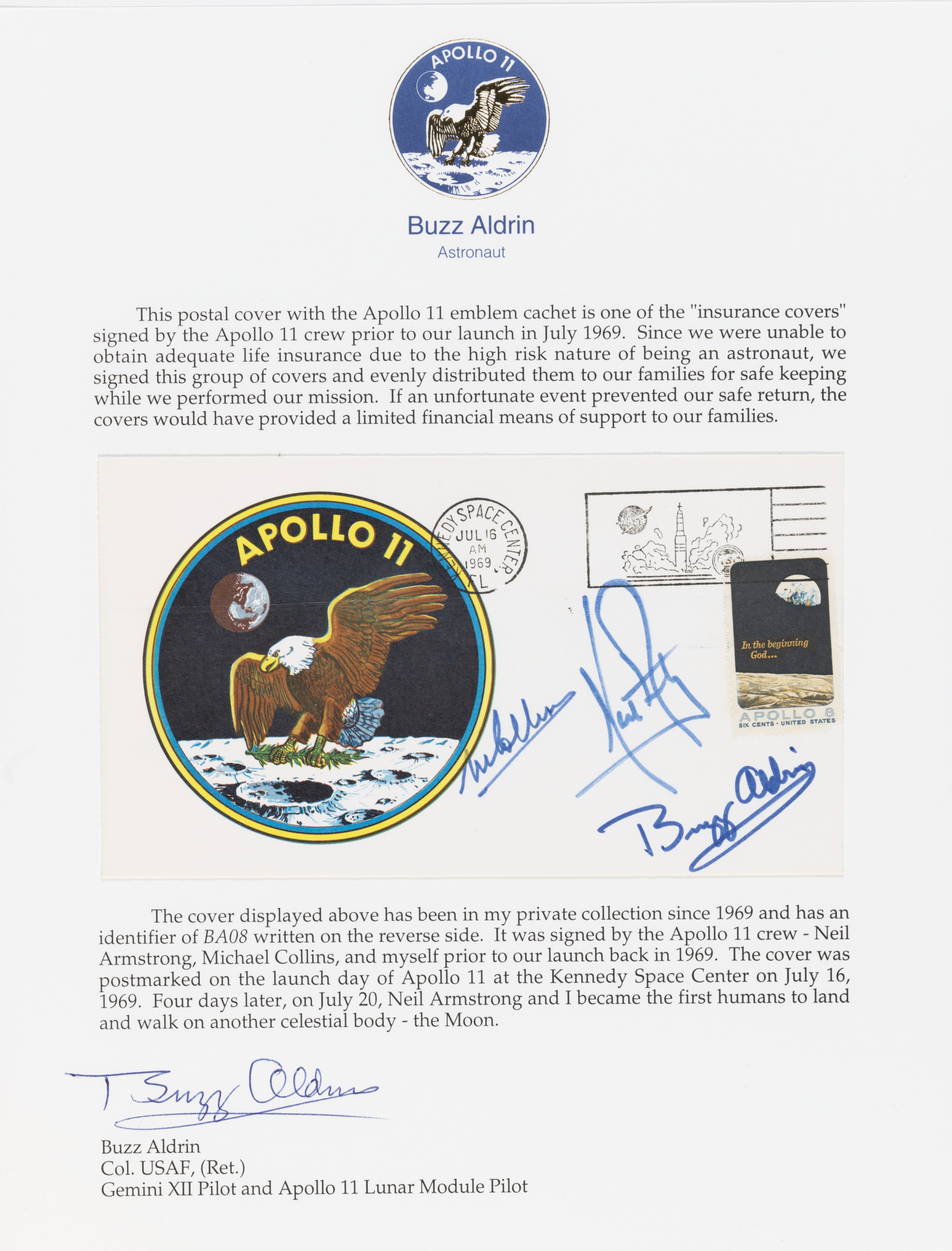 APOLLO 11]. A launch insurance cover with the Apollo 11 emblem cachet ...