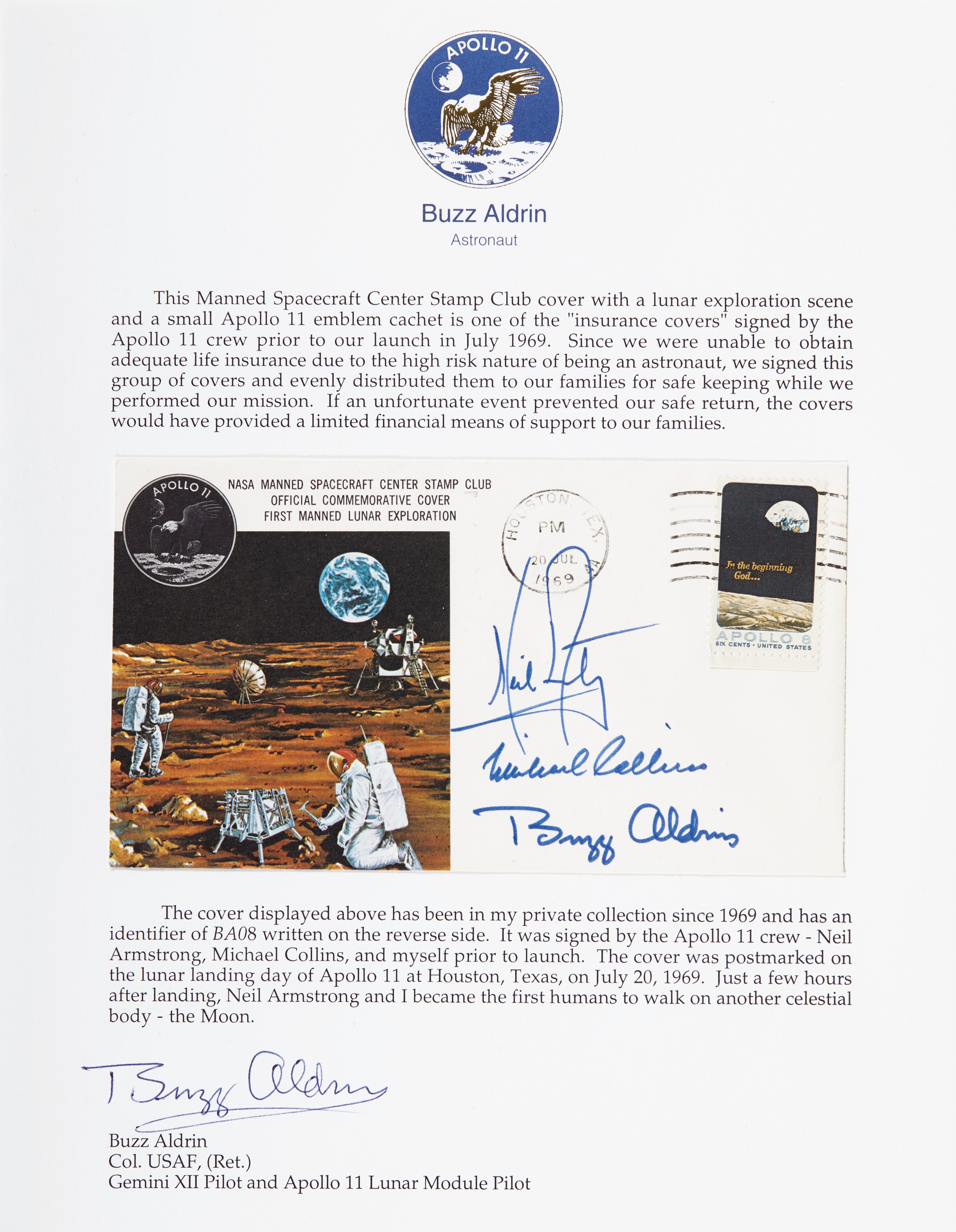 APOLLO 11]. A launch insurance cover with the Apollo 11 emblem cachet ...