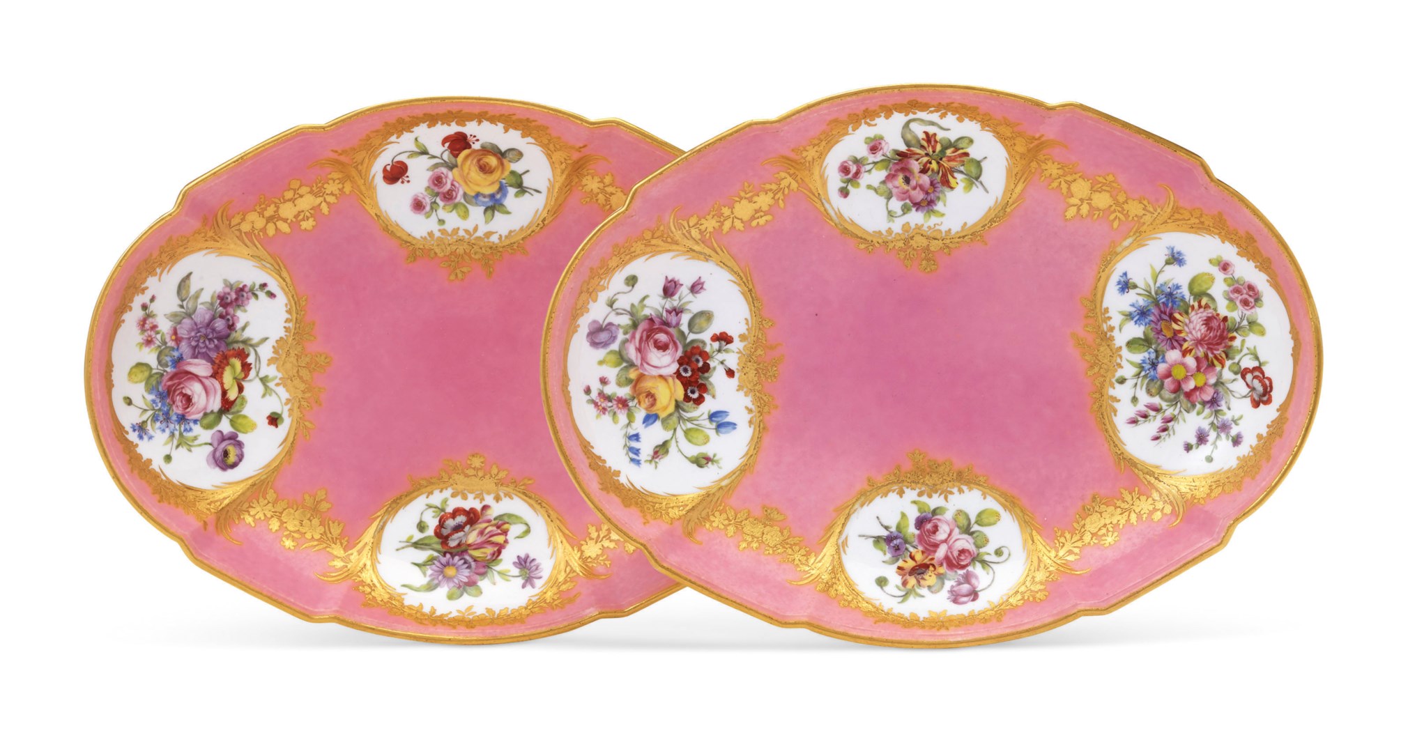 A PAIR OF SEVRES PORCELAIN PINK-GROUND OVAL DISHES (COMPOTIER OVALE ...
