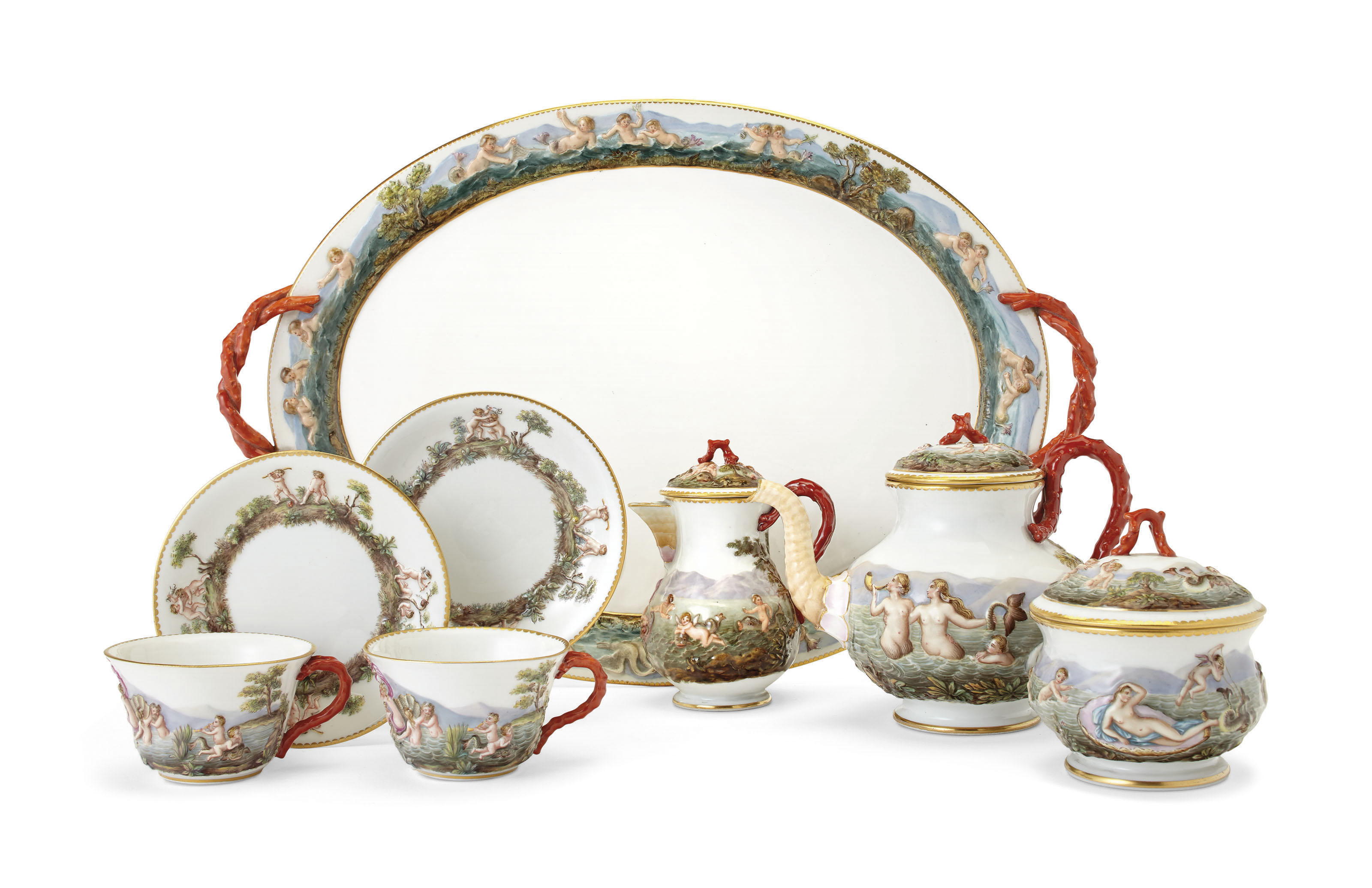 A MEISSEN PORCELAIN CAPODIMONTE-STYLE COFFEE SET