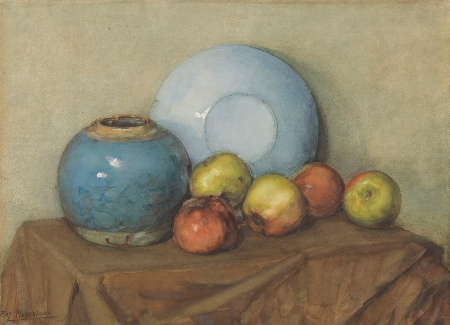 Piet Mondrian (1872-1944), Appels, ronde pot en plaat op een tafel ...