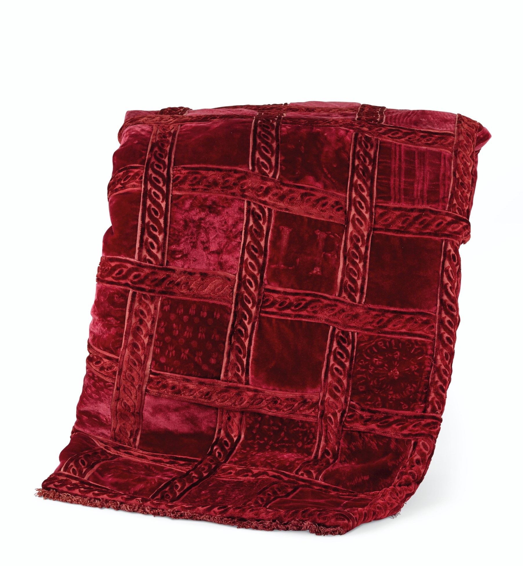 A VENETIAN BURGUNDY CUT VELVET THROW