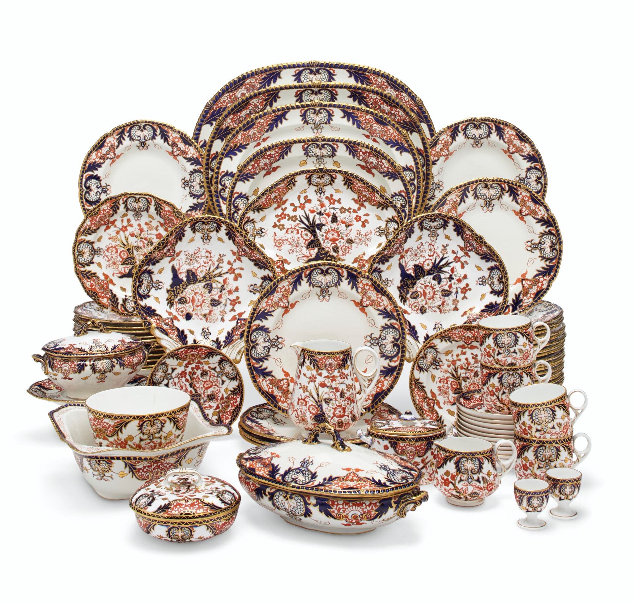 A ROYAL CROWN DERBY PORCELAIN IMARI PART DINNER SERVICE, VARIOUS DATE ...