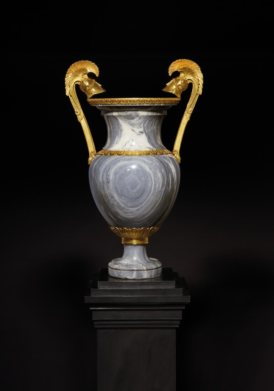 A RUSSIAN ORMOLU-MOUNTED VEINED GREY HARDSTONE VASE, THE BRONZES ...