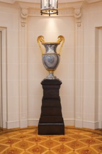 A RUSSIAN ORMOLU-MOUNTED VEINED GREY HARDSTONE VASE, THE BRONZES ...