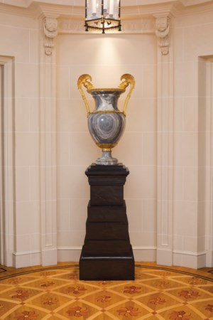 A RUSSIAN ORMOLU-MOUNTED VEINED GREY HARDSTONE VASE, THE BRONZES ...