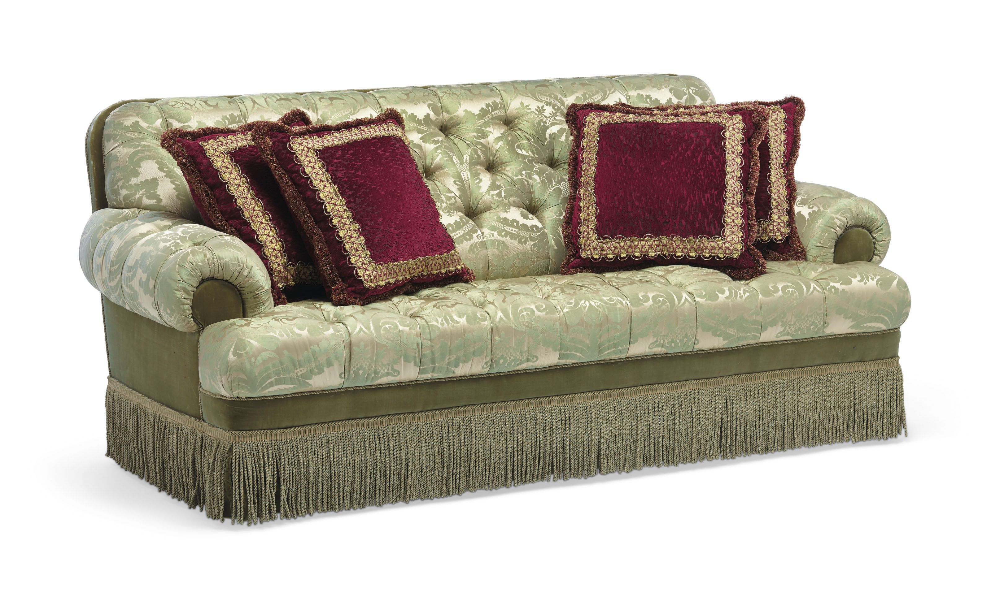 A SILK DAMASK BUTTON-TUFTED UPHOLSTERED SOFA , MODERN, THE FABRIC BY ...