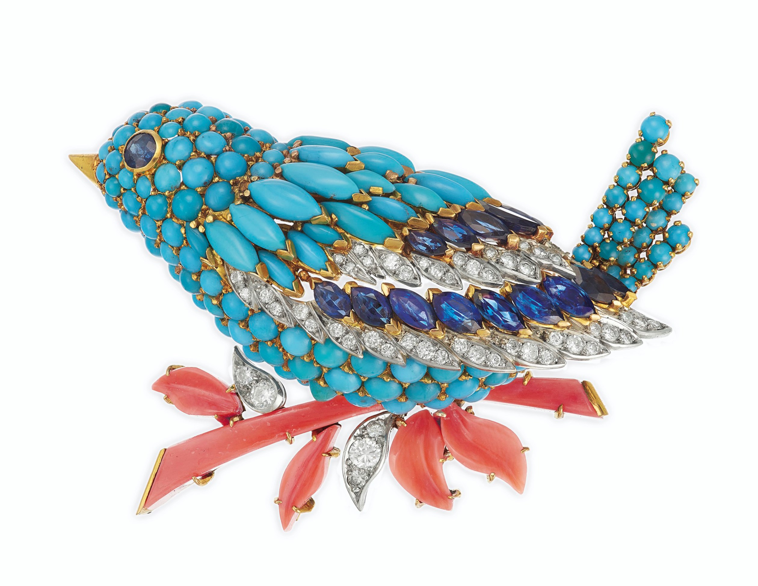 TURQUOISE, SAPPHIRE, DIAMOND AND CORAL BIRD BROOCH, VAN CLEEF & ARPELS ...